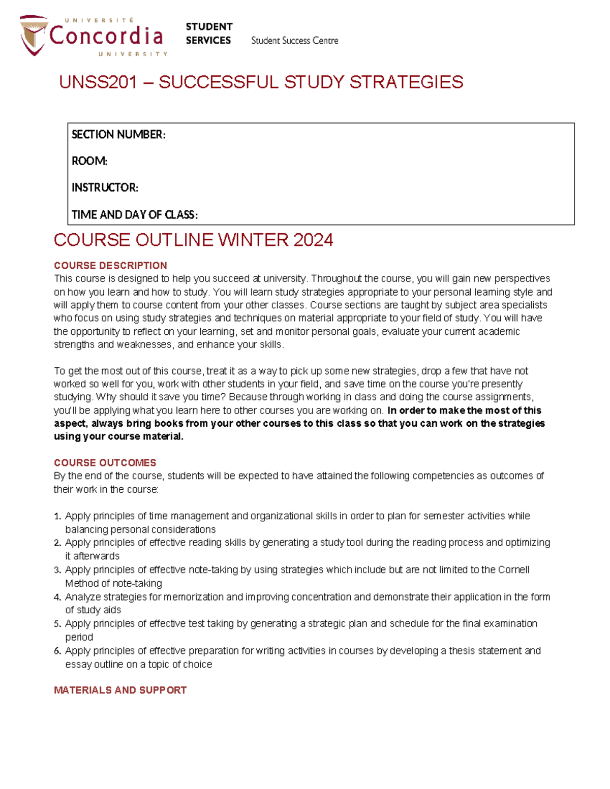 2024 Winter UNSS 201 Course Outline - UNSS201 – SUCCESSFUL STUDY ...