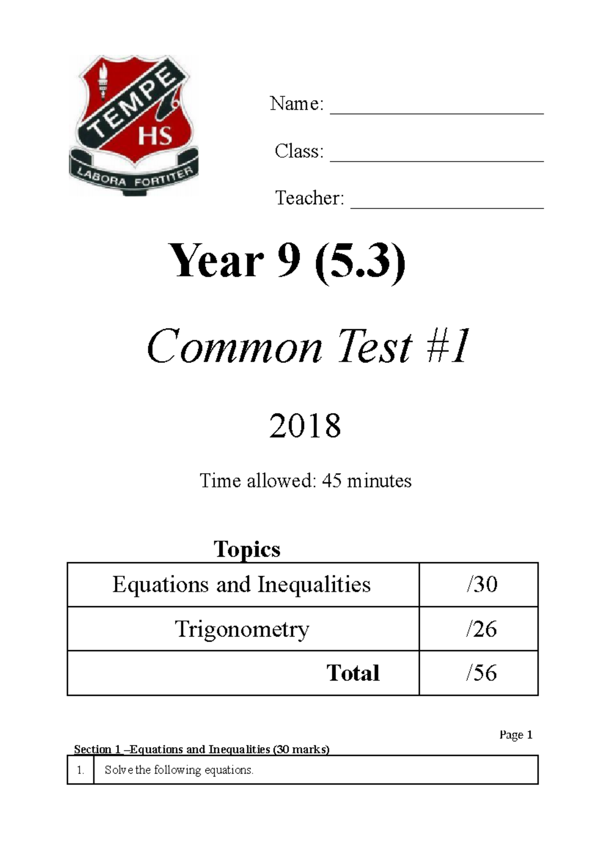 Year 9 5.3 Test - A maths test for 5.3 Maths Year 9 - Name ...