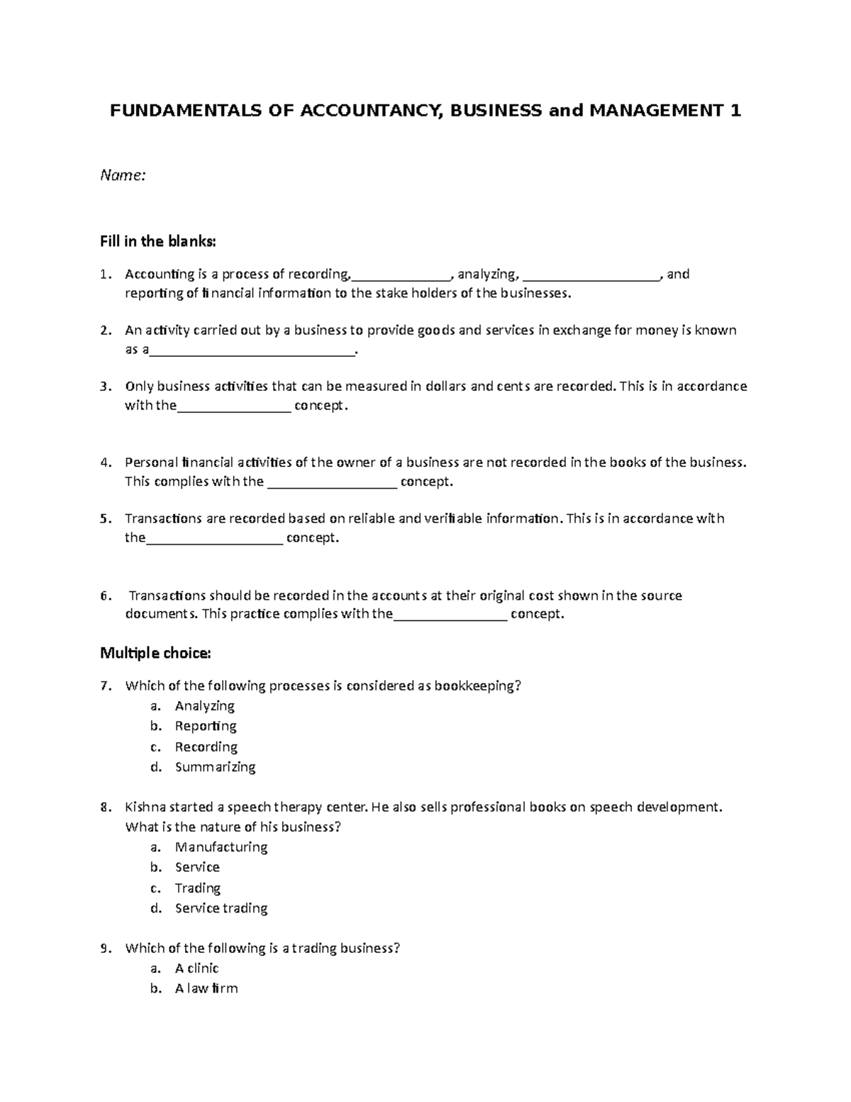 Sample/practice exam 2020, questions - FUNDAMENTALS OF ACCOUNTANCY ...