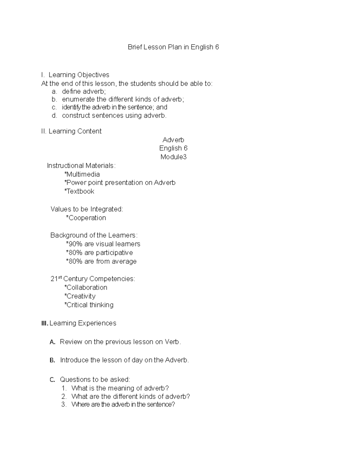 Infante, EDUM233 Brief Lesson Plan - Brief Lesson Plan in English 6 I ...