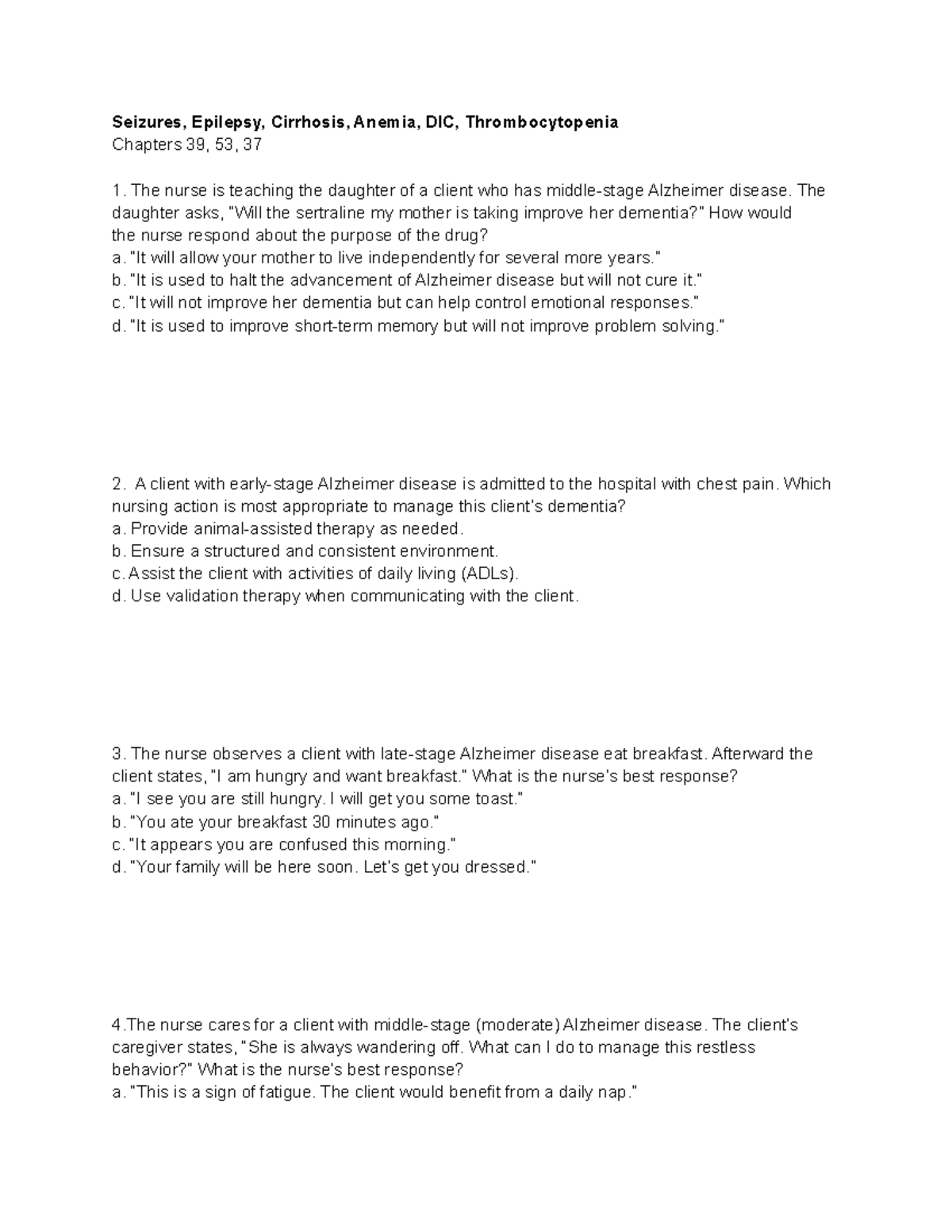Exam 1 Test Questions - Seizures, Epilepsy, Cirrhosis, Anemia, DIC ...