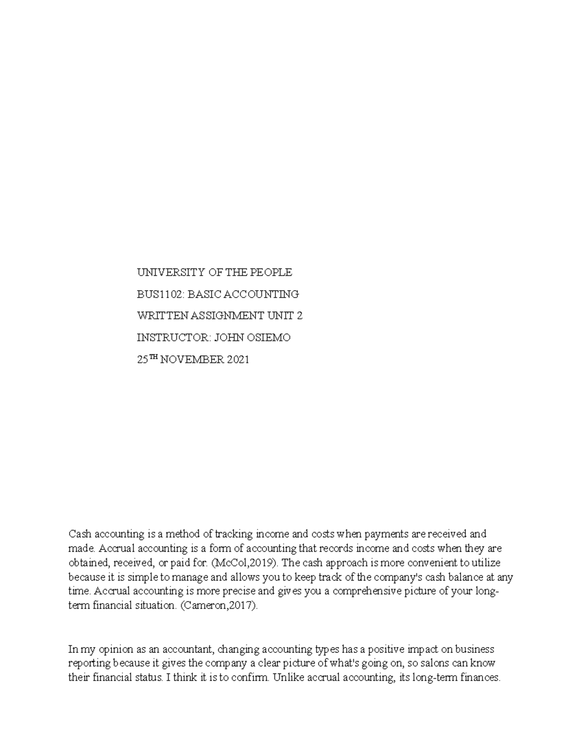 Basic Accounting week 2 written assignment - ACC 202 - PennWest ...