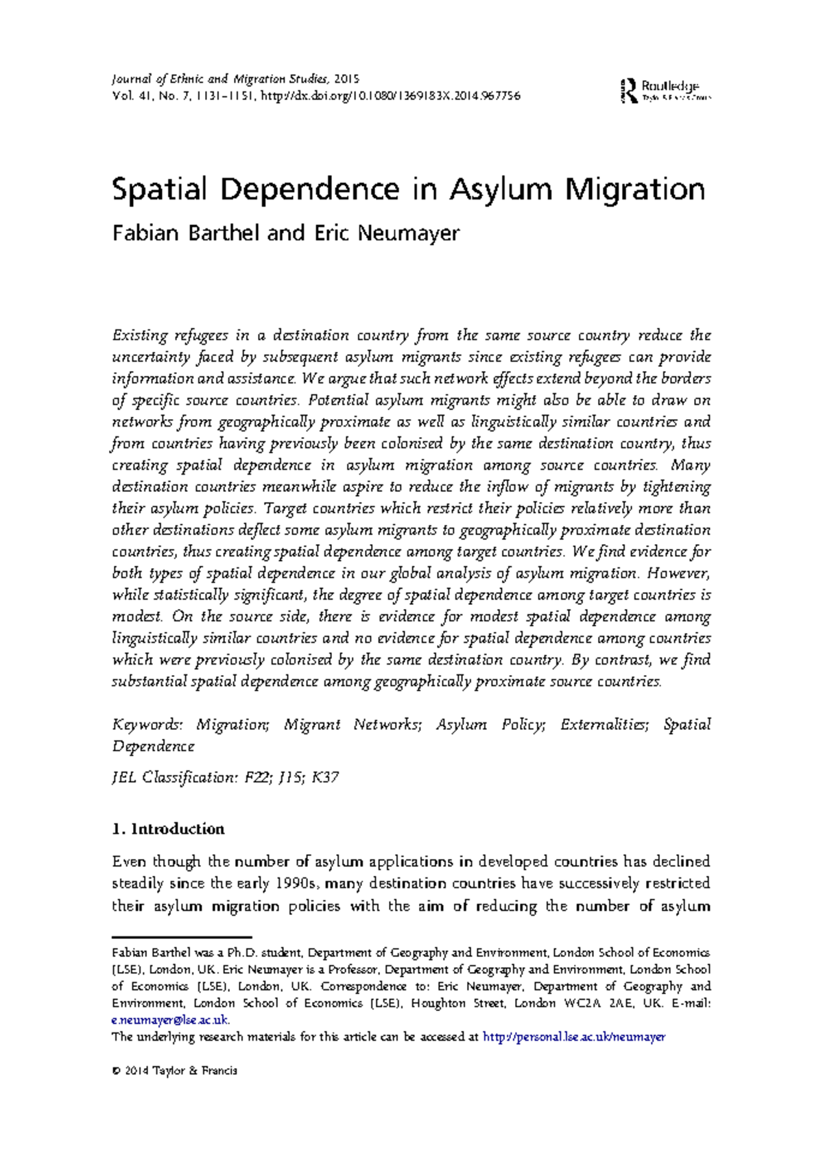 Asylum migration - nothing - Spatial Dependence in Asylum Migration ...