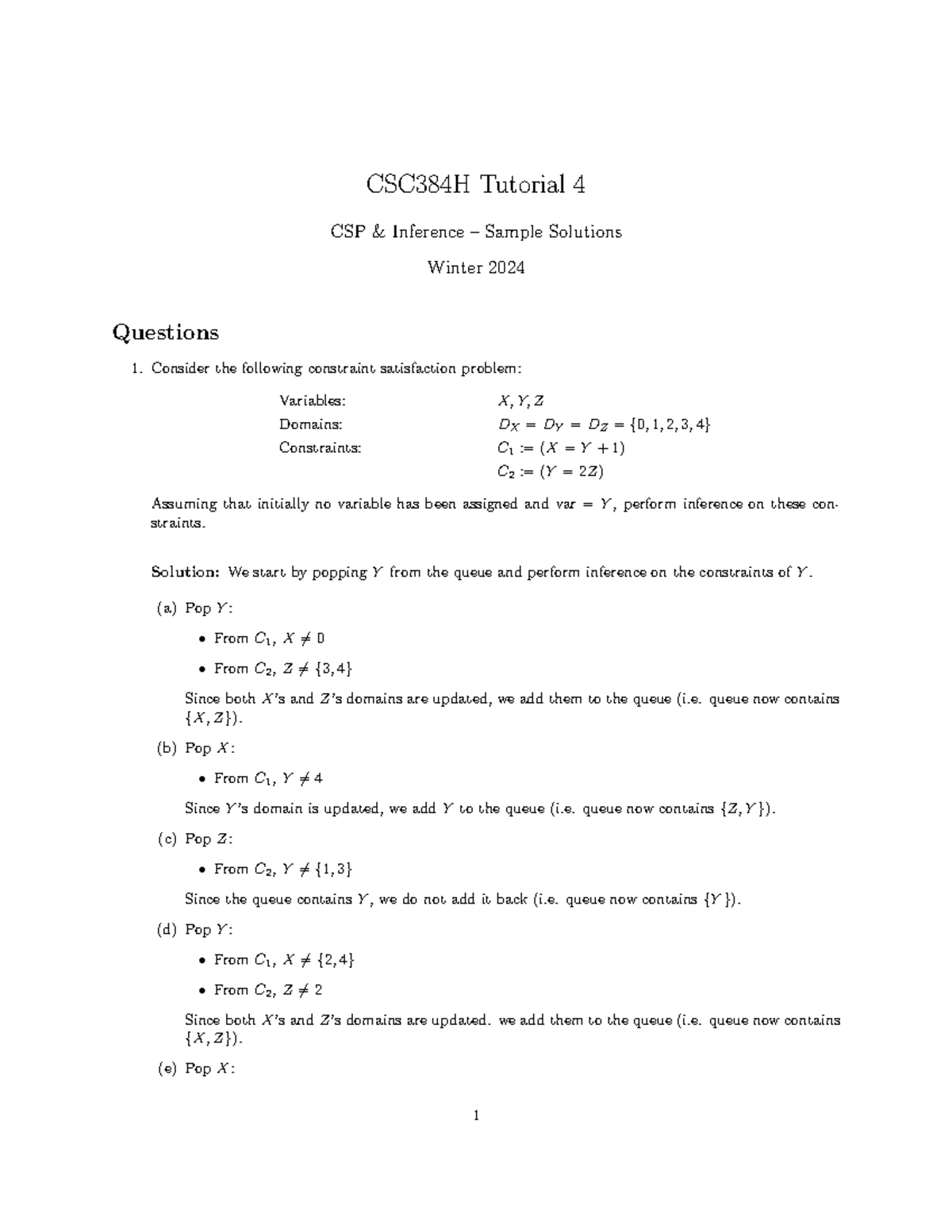 Csc384-t4-sol - Practice Problems - CSC384H Tutorial 4 CSP & Inference – Sample Solutions Winter ...