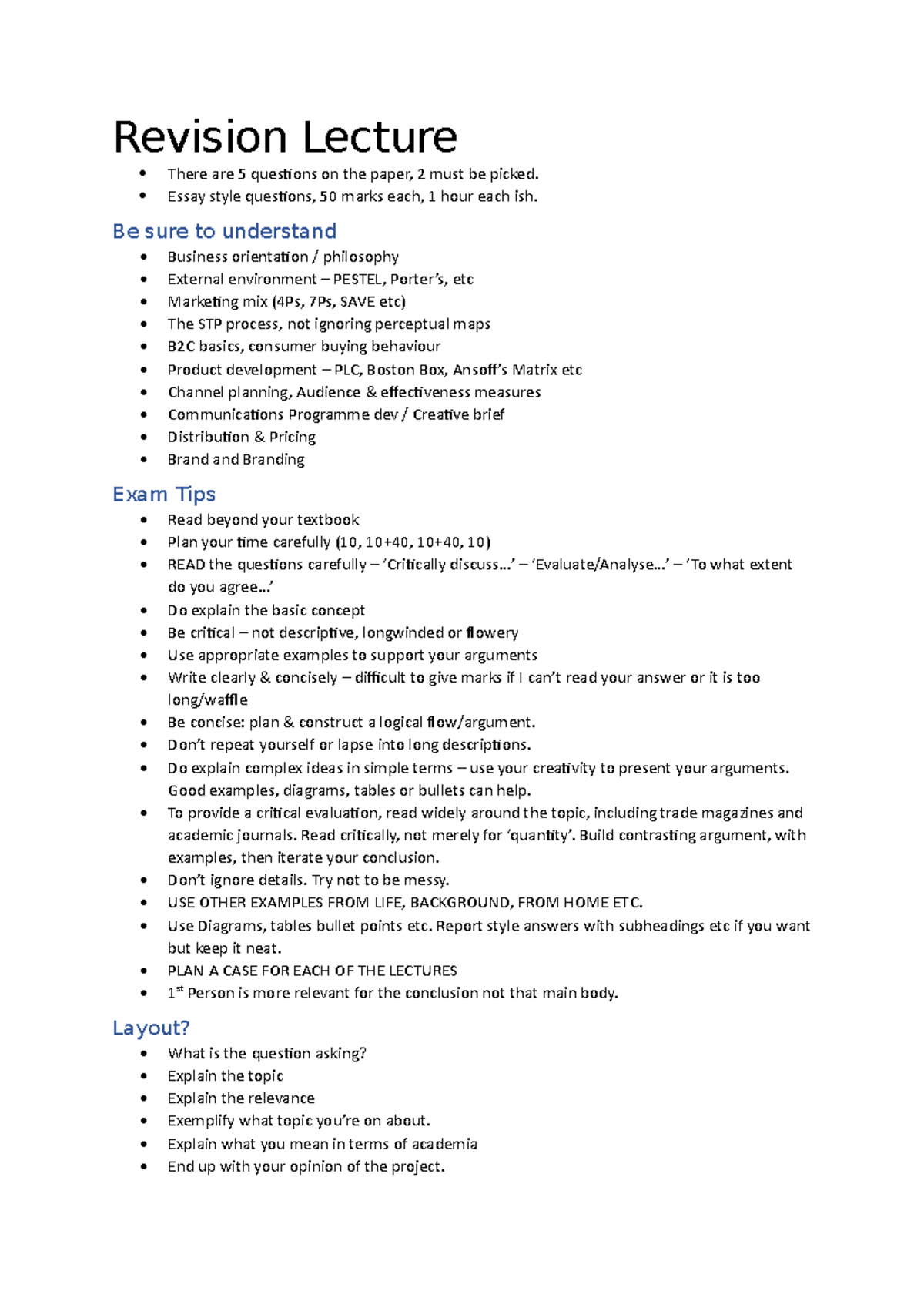 Revision Lecture - Revision Lecture There are 5 questions on the paper, 2 must be picked. Essay ...