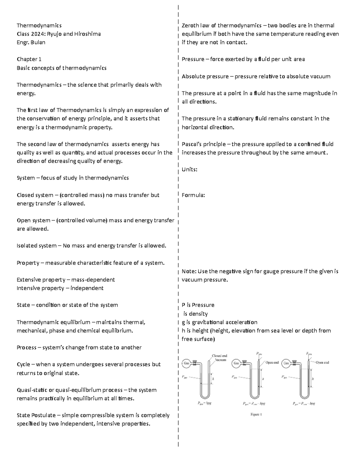 Chapter 1 Handouts - Thermodynamics - ThermodynamicsClass 2024: Ryujo ...