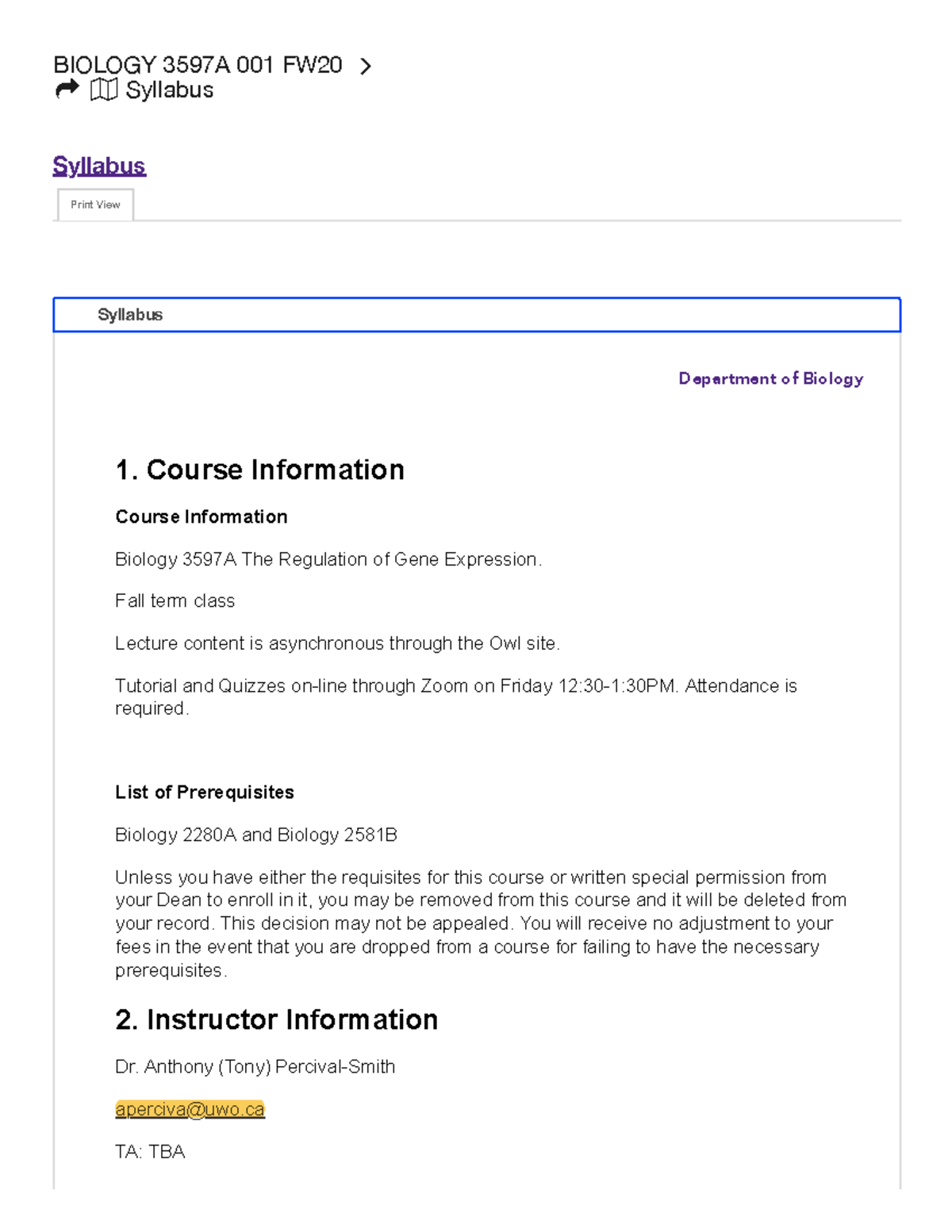 Course Outline - BIOLOGY 3597A 001 FW20 Syllabus Syllabus Department of ...