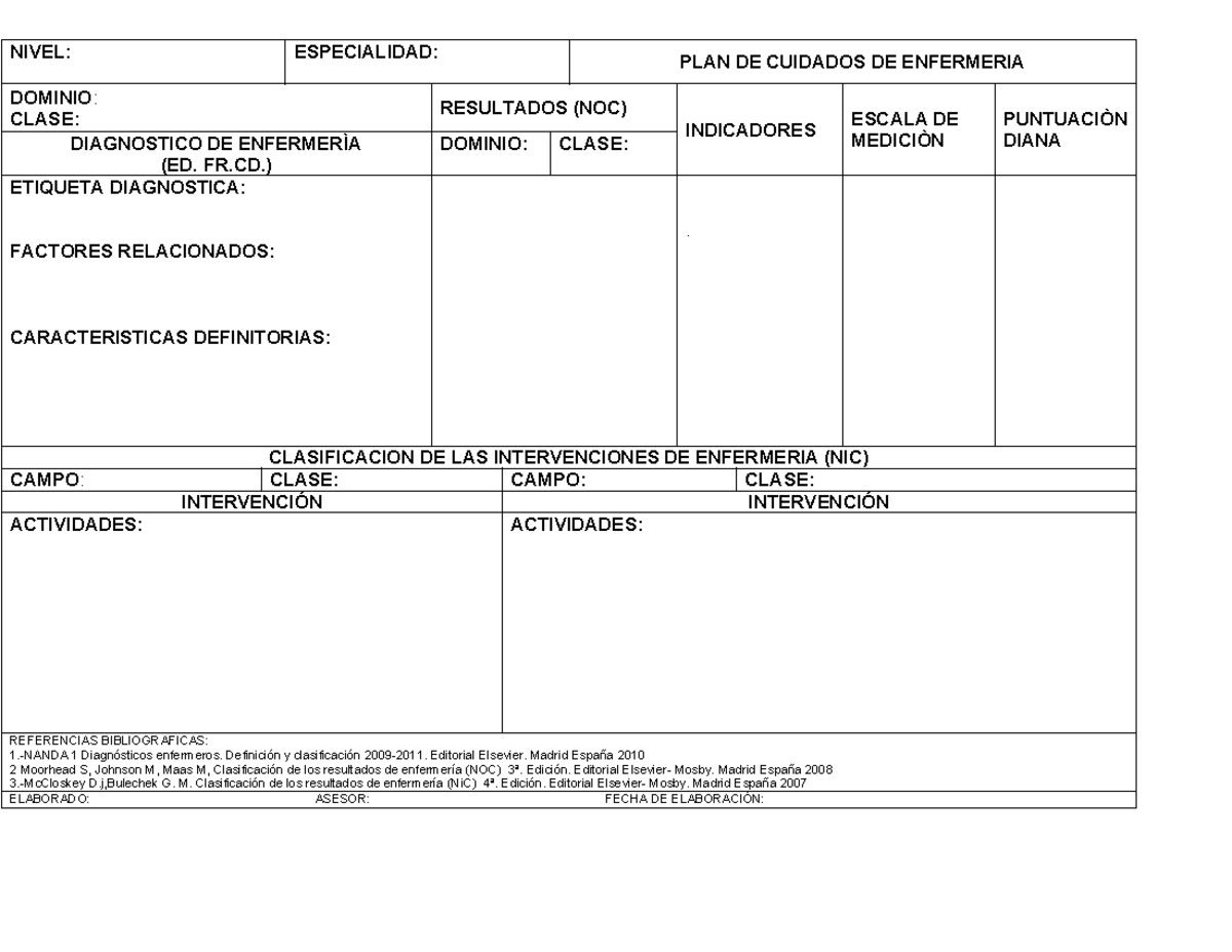 Formato DE Place - NIVEL: ESPECIALIDAD: PLAN DE CUIDADOS DE ENFERMERIA ...