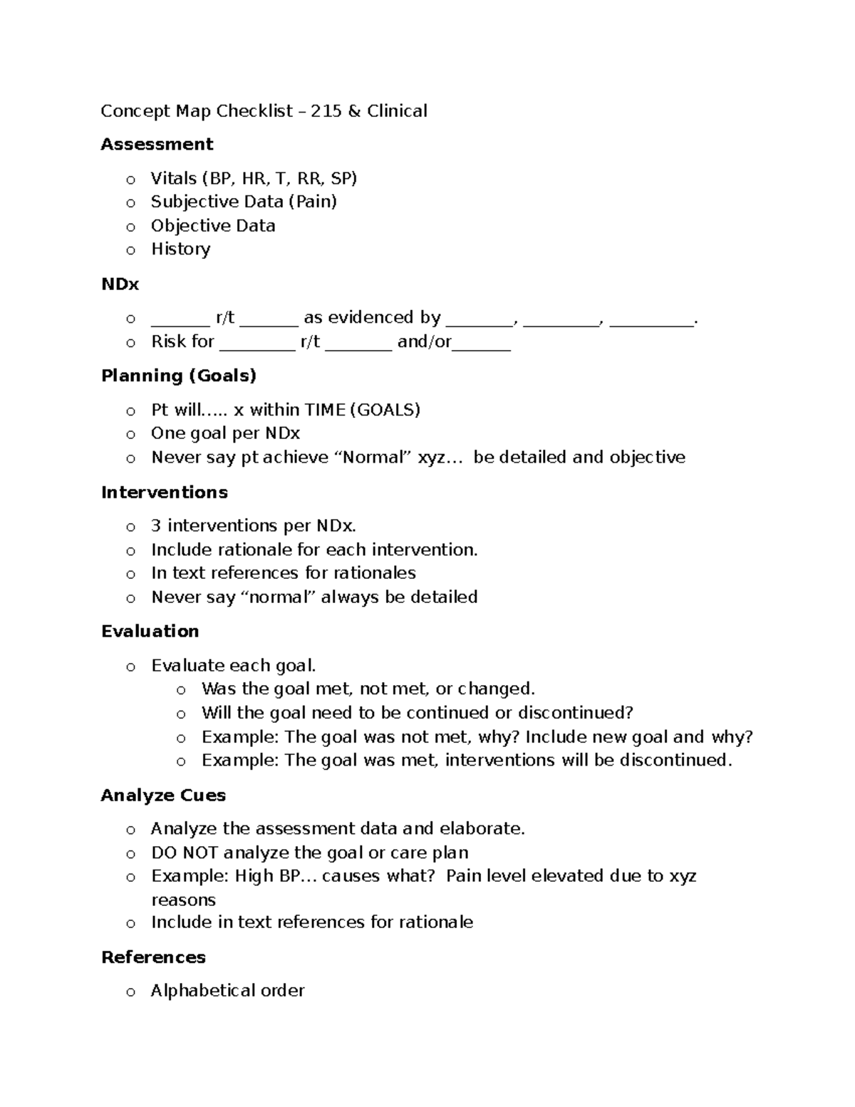 Concept Map Checklist - o Risk for _________ r/t ________ and/or ...