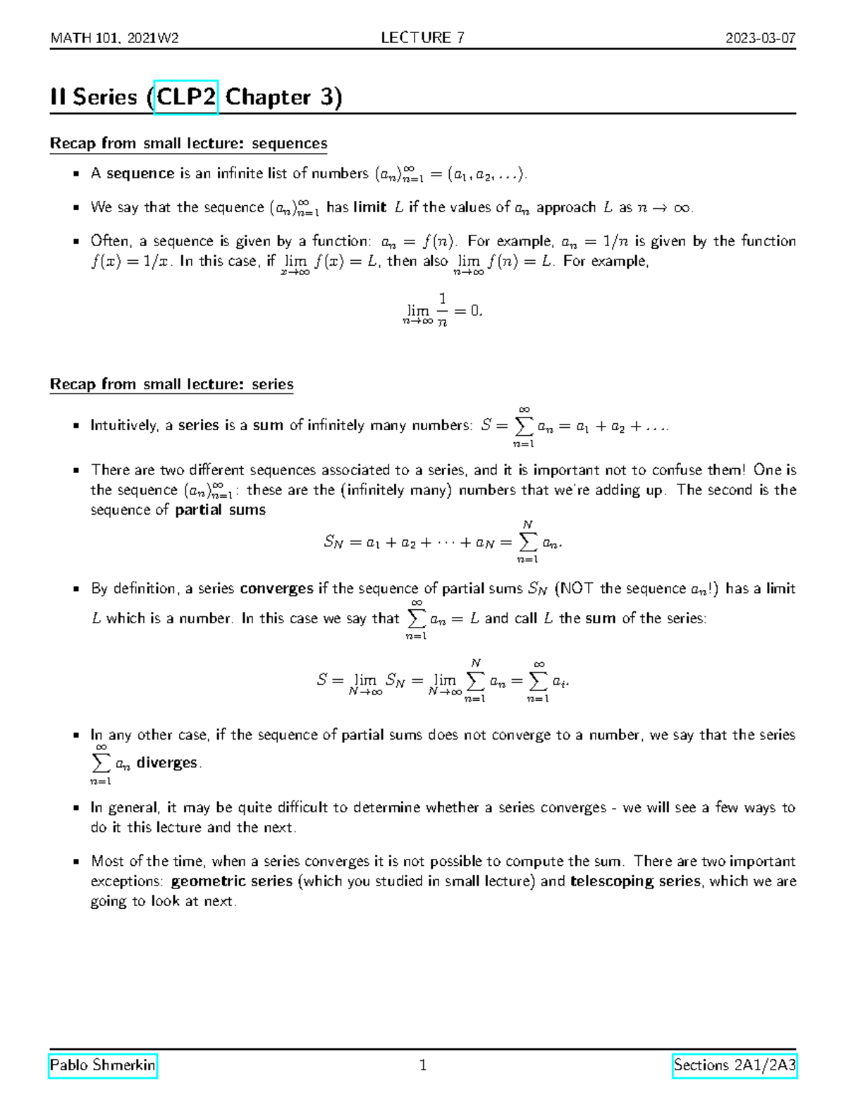 INTEGRAL CALCULUS CLASS 7 - II Series (CLP2 Chapter 3) Recap from small ...
