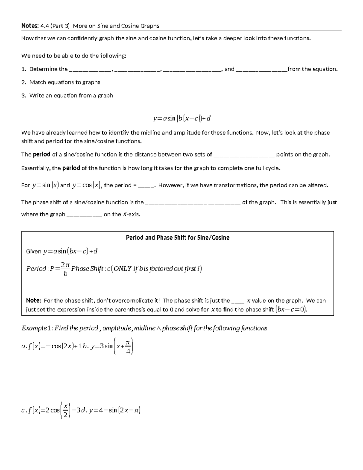 Notes 4.4 Part 3 More on Sine and Cosine Graphs - Notes: 4 (Part 3 ...