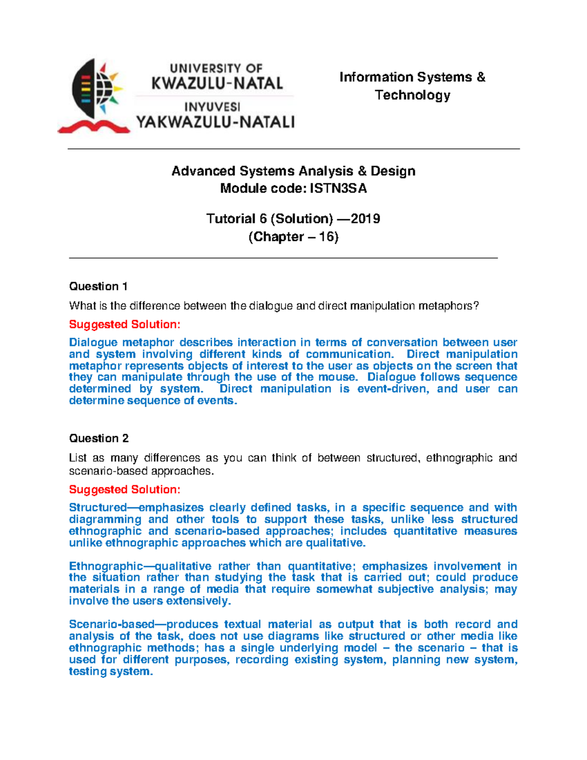 ISTN3SA Tutorial 6 Chapter 16 - Solution - Information Systems ...