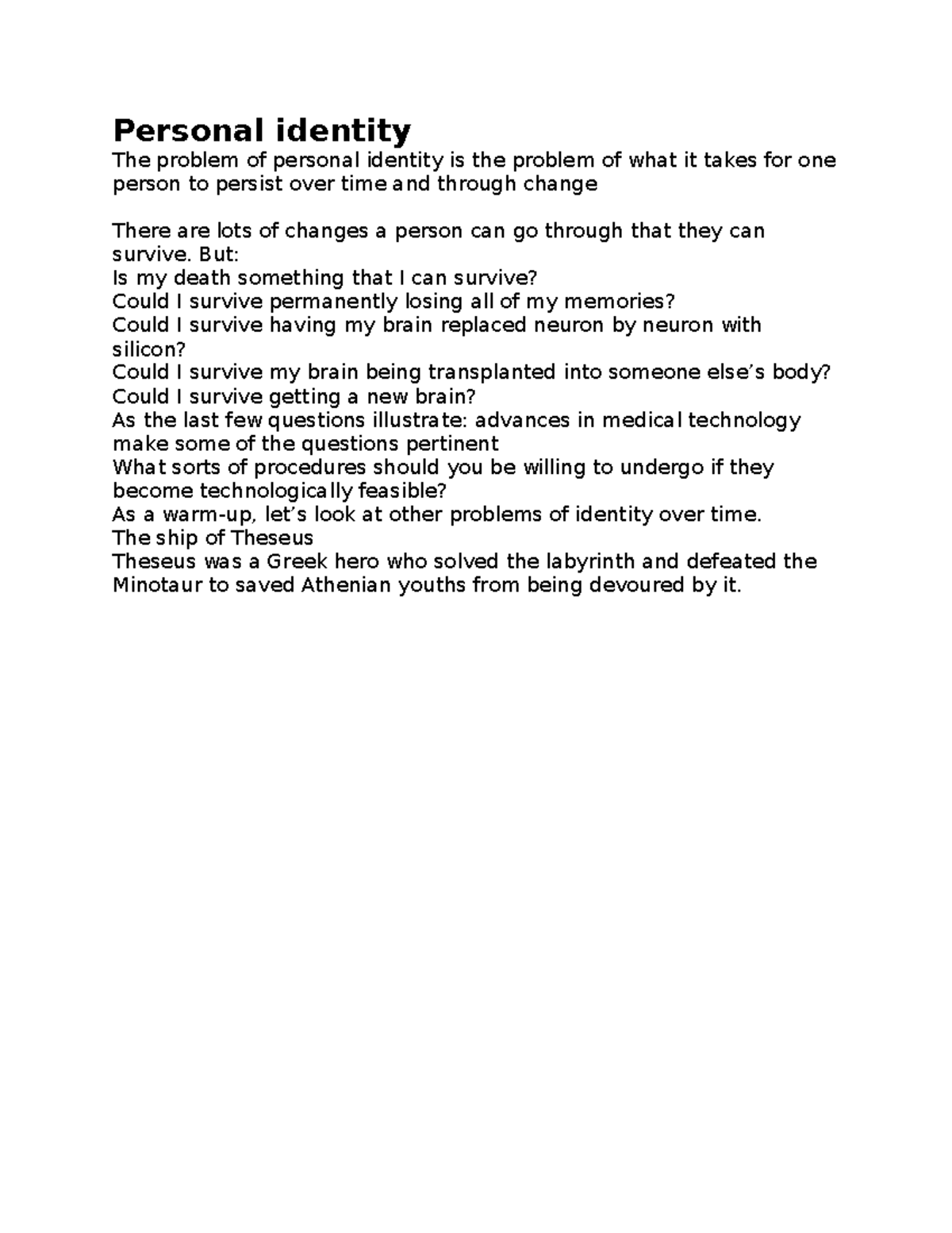 Personal identity - notes - Personal identity The problem of personal ...