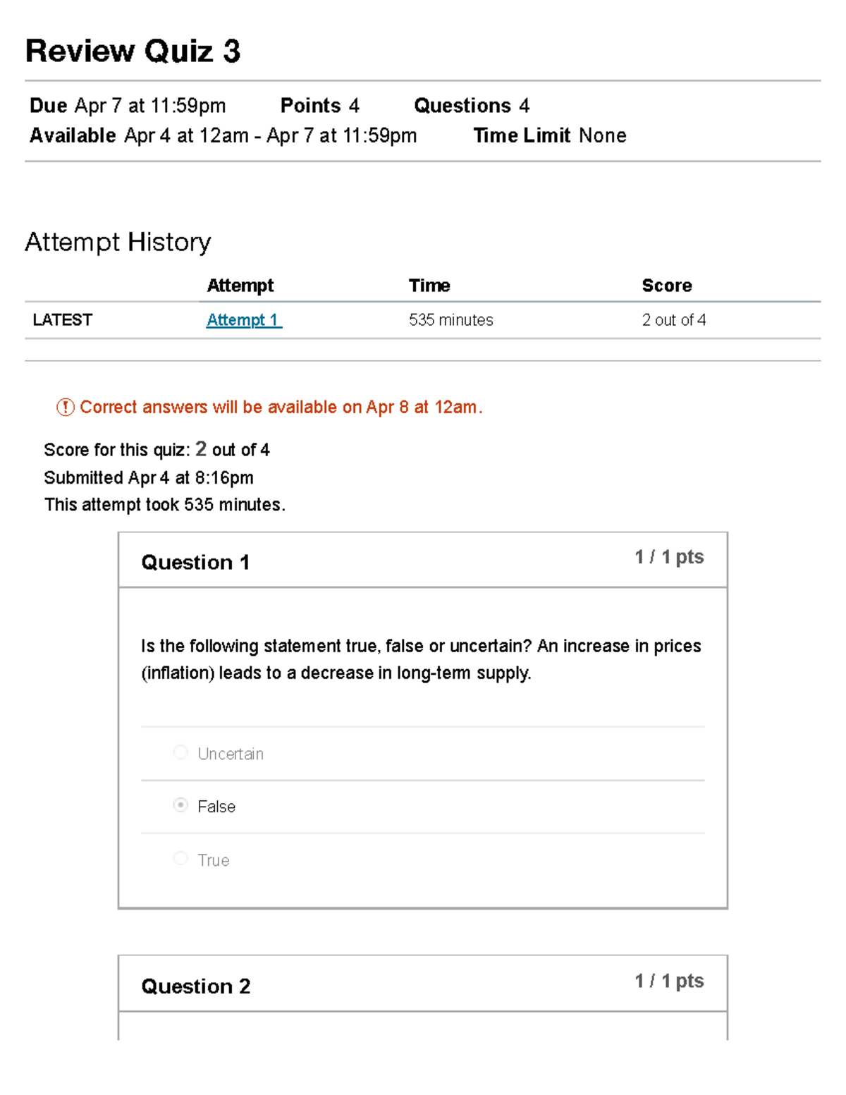 Review Quiz 3: Spring 2023 Economics 506 Section 501 Markt Forces in ...