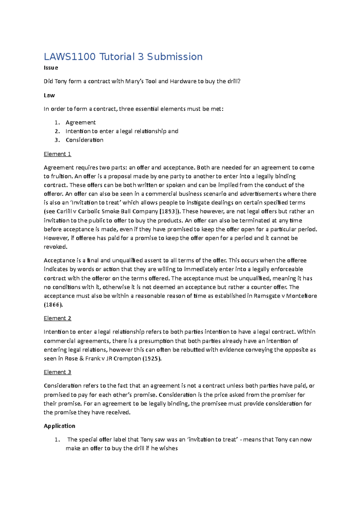 Tutorial 3 Submission - LAWS1100 Tutorial 3 Submission Issue Did Tony ...