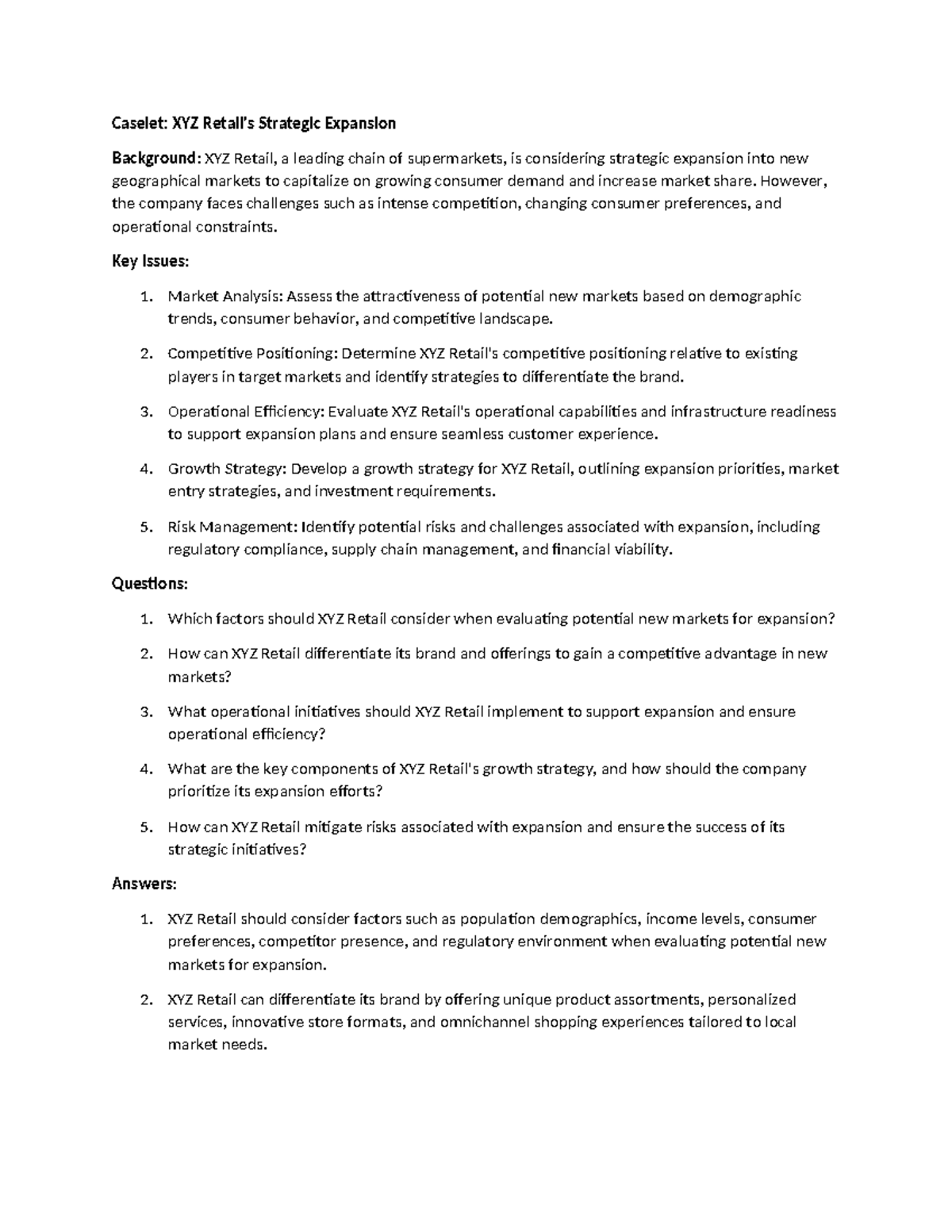 Caselet stategic management - Caselet: XYZ Retail's Strategic Expansion ...