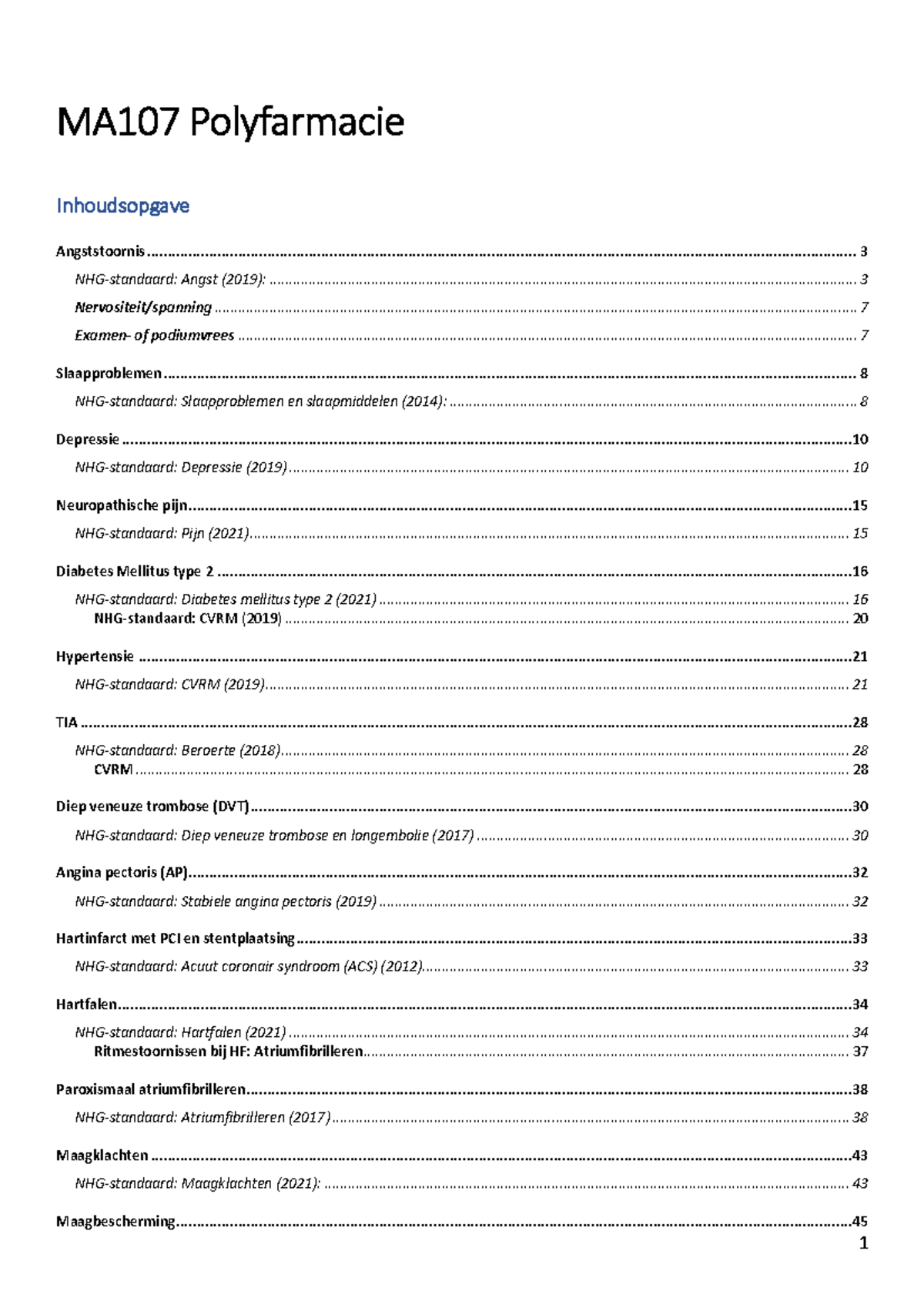 Samenvatting Richtlijnen MA107 2022 - MA 107 Polyfarmacie Angststoornis Inhoudsopgave NHG ...