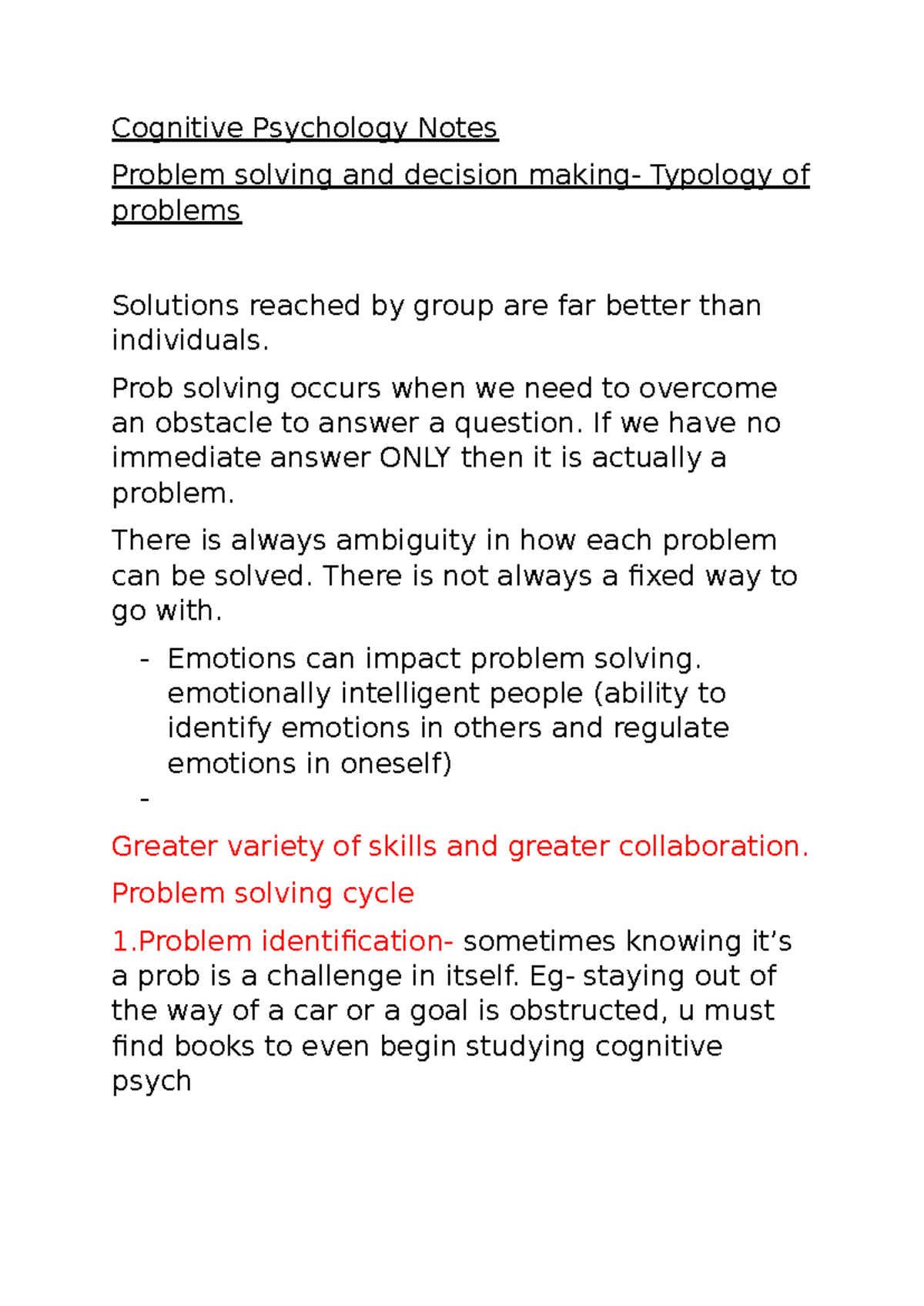Cognitive Psychology Notes - Cognitive Psychology Notes Problem solving ...