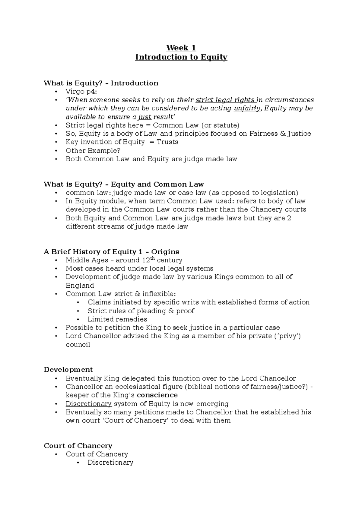 Equity Law Notes - Week 1 Introduction to Equity What is Equity ...