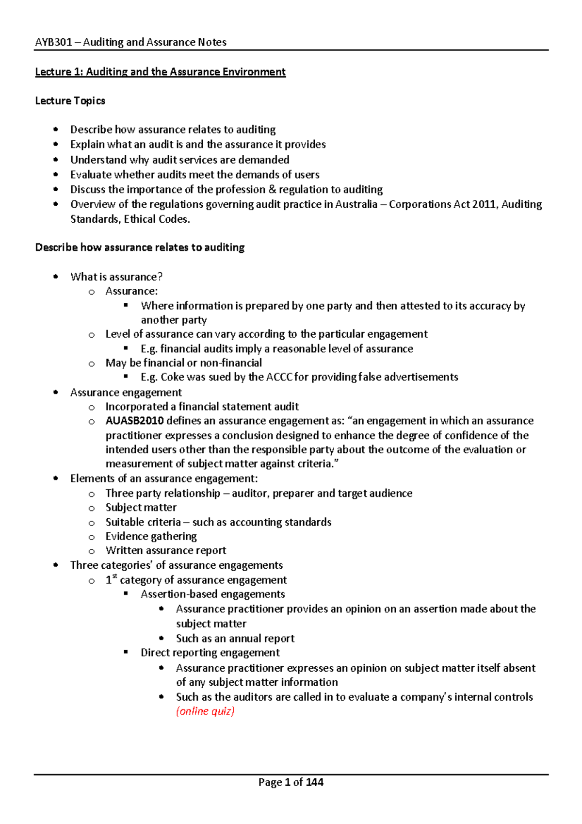 Lecture Notes Audit And Assurance Course 1 11 Lecture 1 Auditing And The Assurance