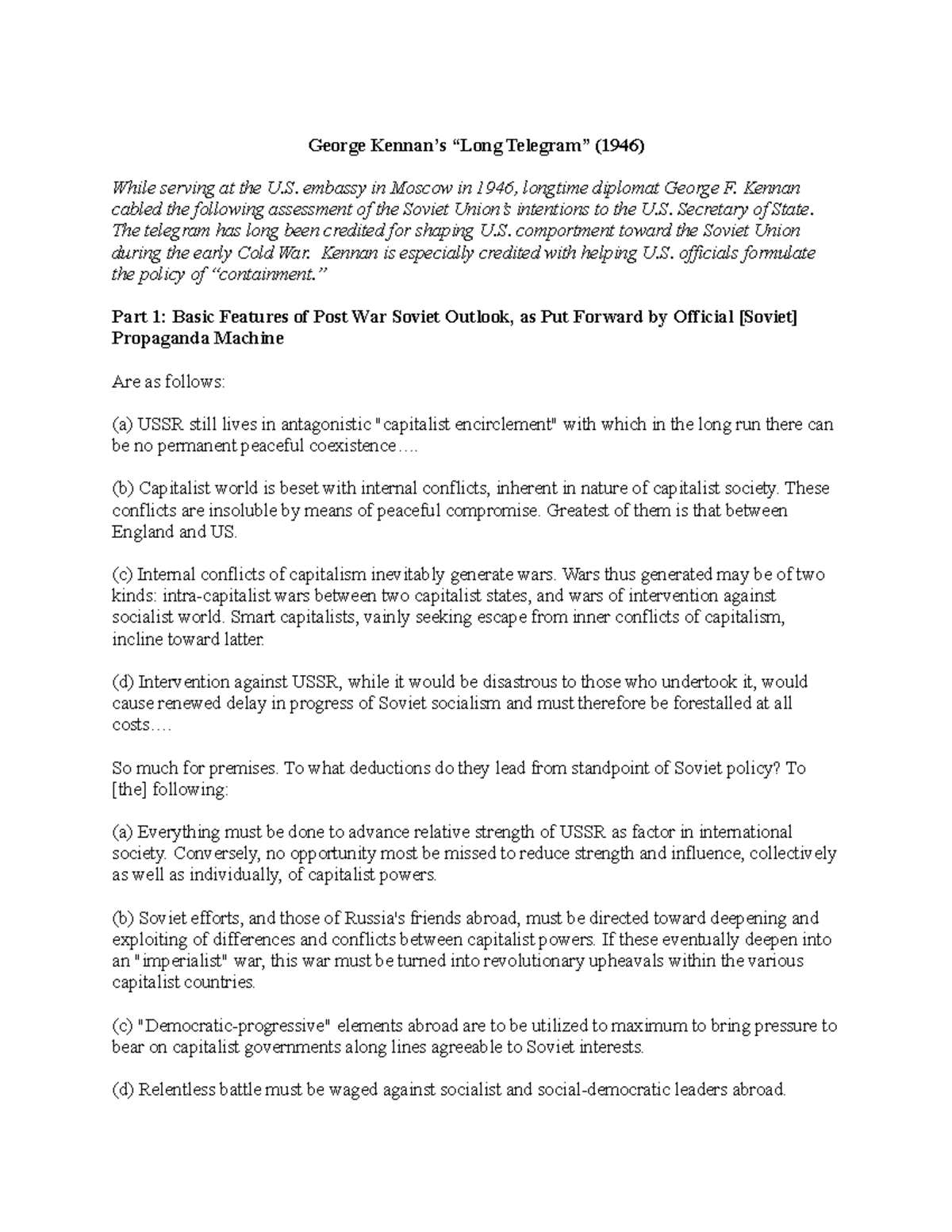 Kennan Telegram - required reading - George Kennan’s “Long Telegram ...