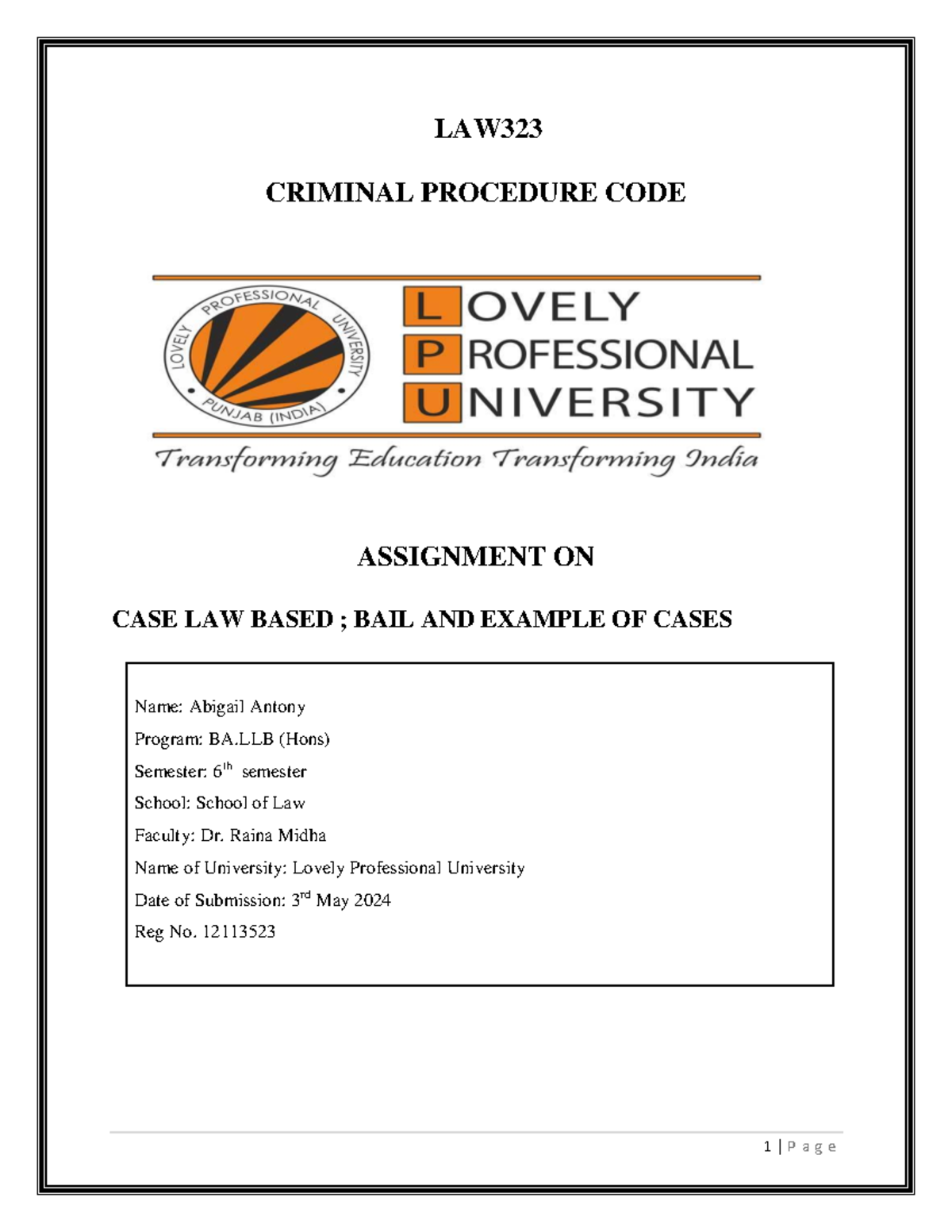 Crpc-1 pdf - Well certified - LAW CRIMINAL PROCEDURE CODE ASSIGNMENT ON CASE LAW BASED ; BAIL ...