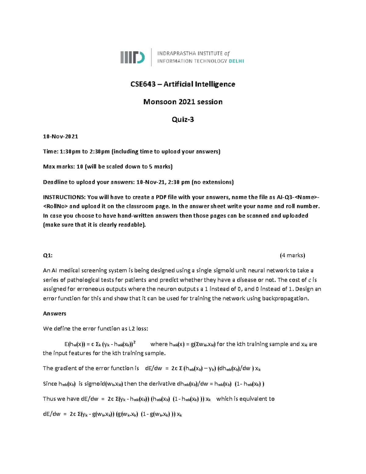 Quiz3-answers - quiz - CSE643 – Artificial Intelligence Monsoon 2021 ...