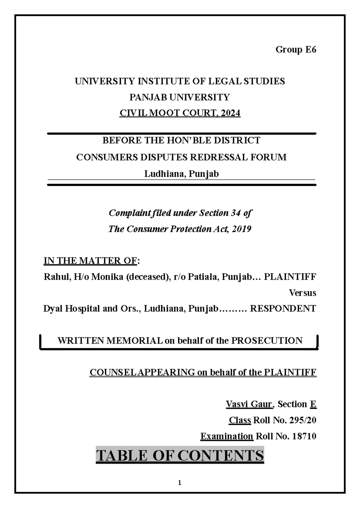 Civil Memo - JJUU - Group E UNIVERSITY INSTITUTE OF LEGAL STUDIES ...