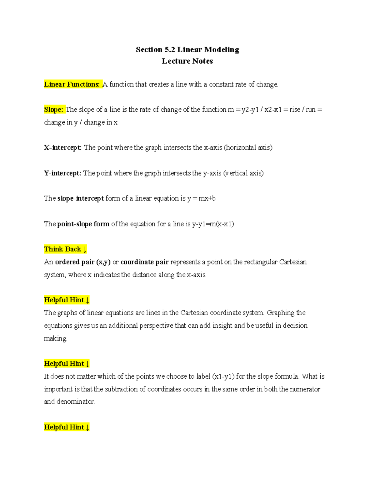 Section 5.2 Notes - Section 5 Linear Modeling Lecture Notes Linear ...