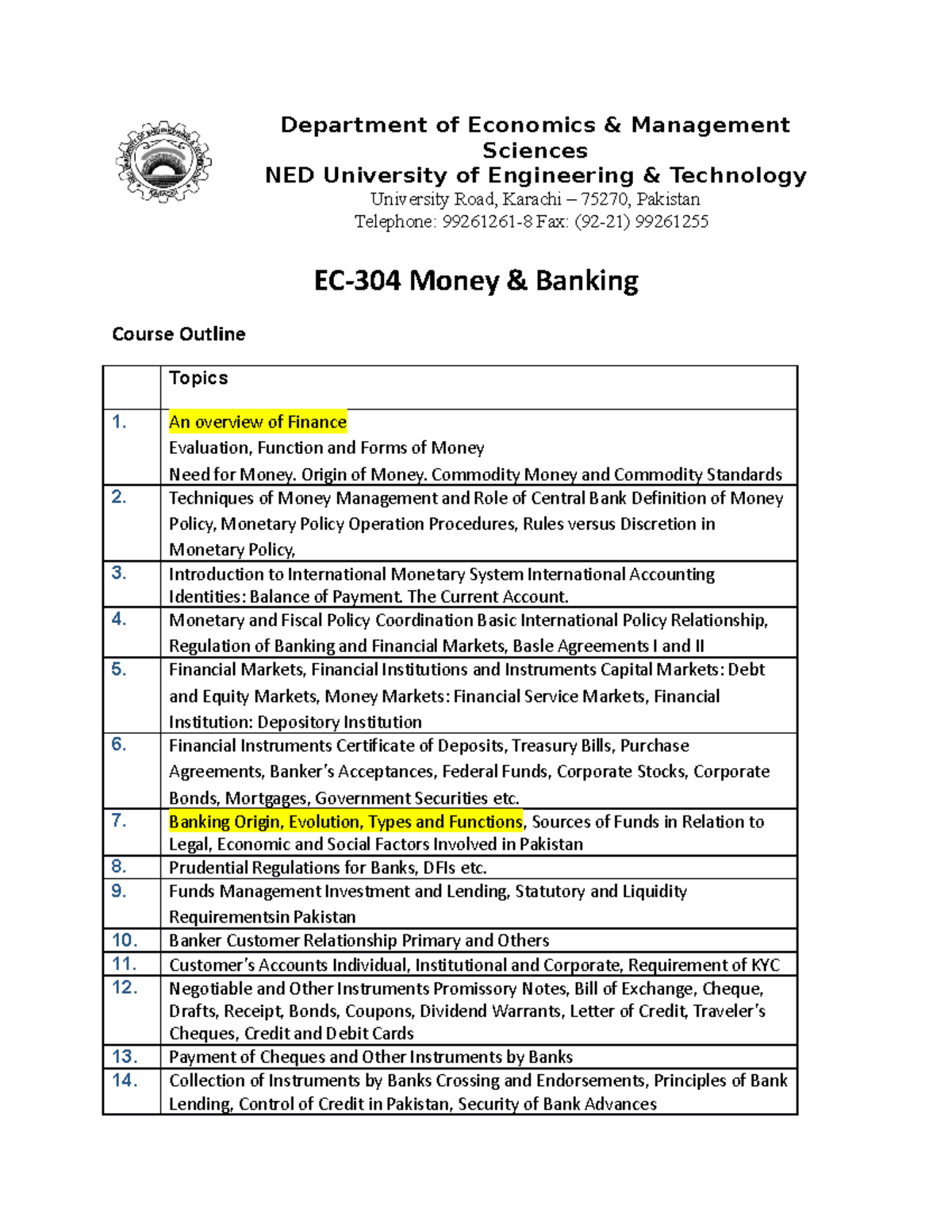 Course Outline EC-304 - Department of Economics & Management Sciences ...