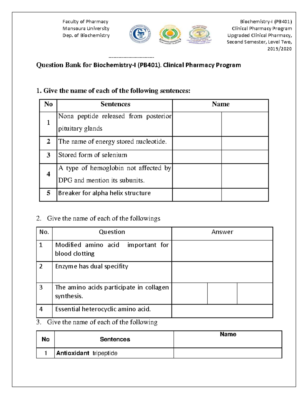 Question bank PB 401 Biochemistry 1 - Clinical Pharmacy Program ...