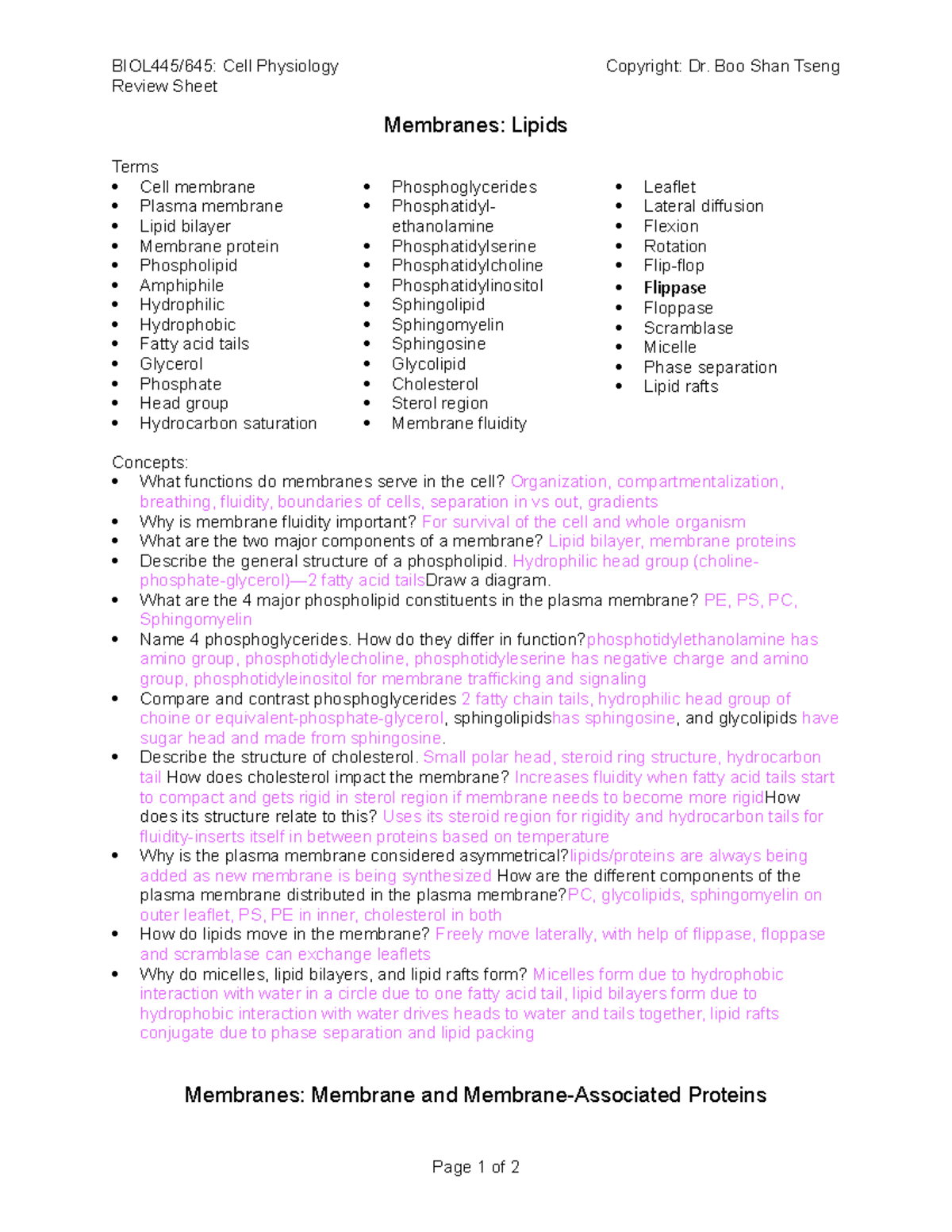 Membrane Review Sheet - BIOL445/645: Cell Physiology Copyright: Dr. Boo ...