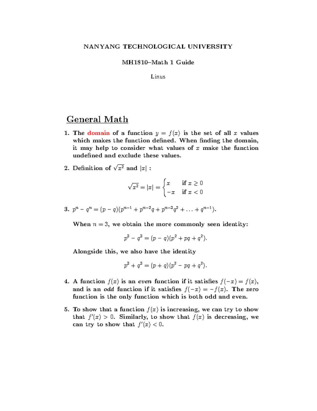 MH1810 Math 1 Guide Tut1-12 - MH1810–Math 1 Guide Linus General Math The domain of a ...