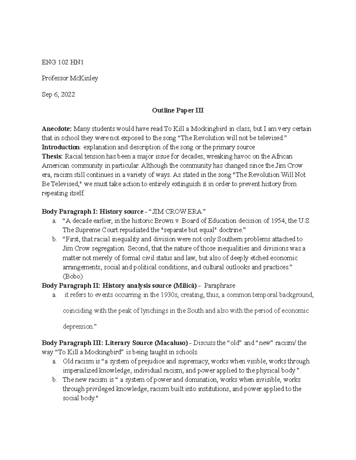 ENG 102 Outline 3 - Professor Mc.Klinsey - ENG 102 HN Professor ...