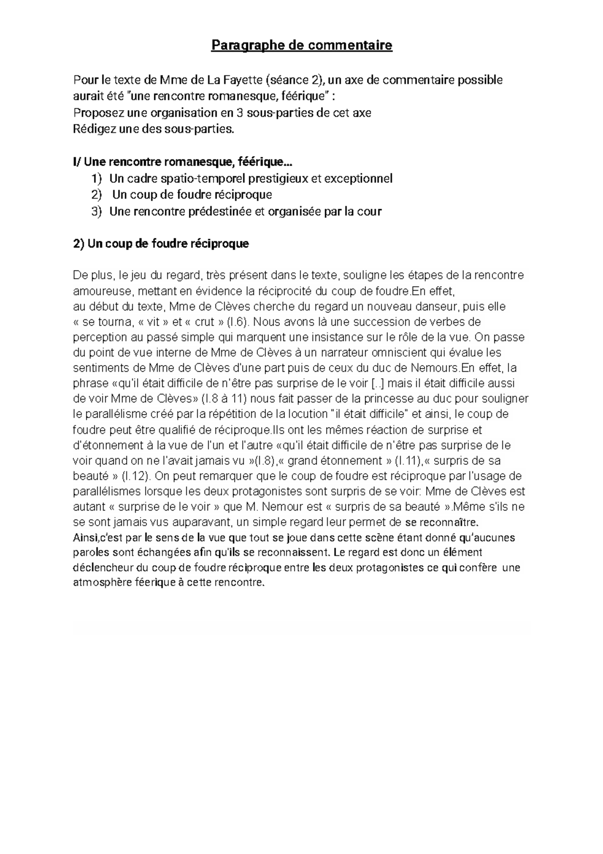 Paragraphe de commentaire sur La princesse de Clèves - Paragraphe de ...