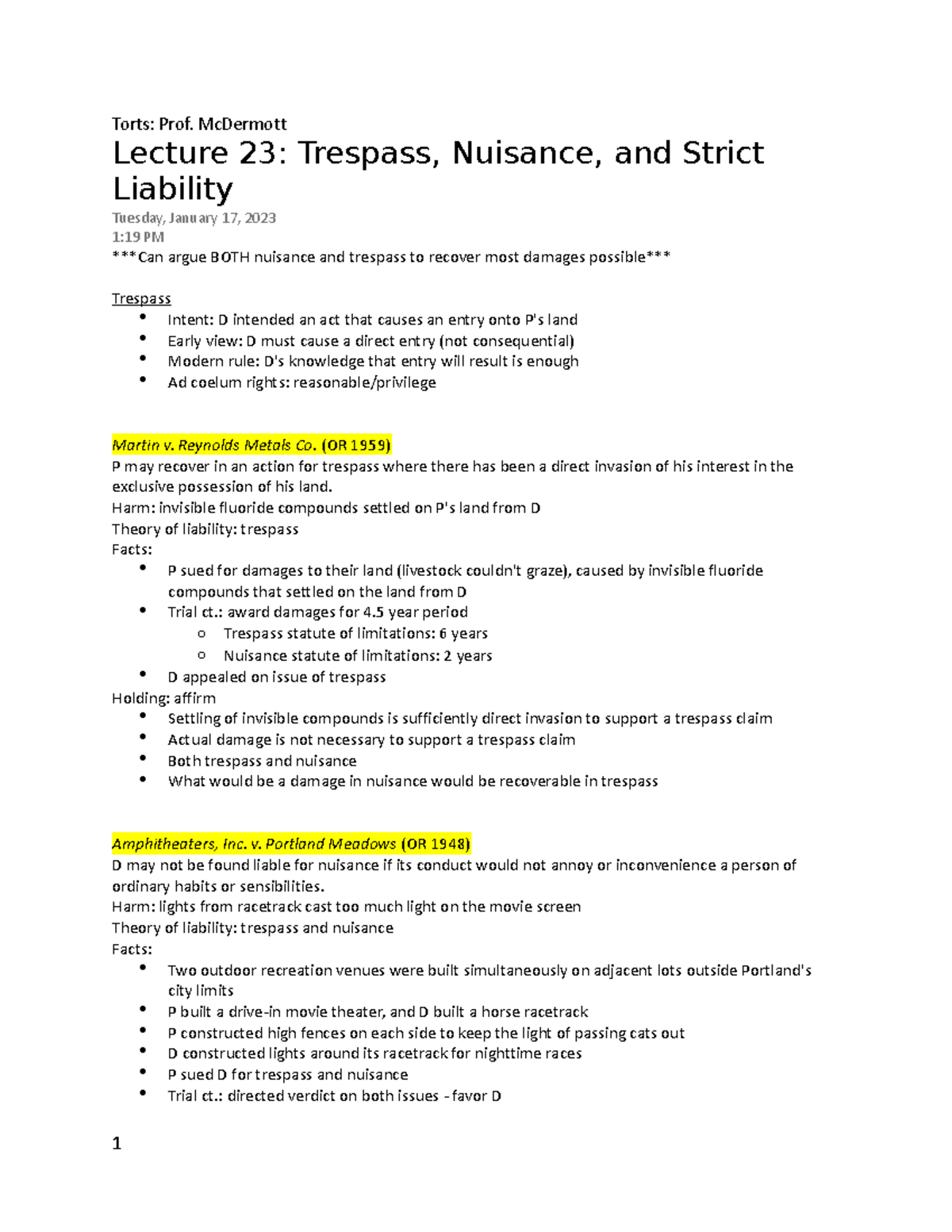 Torts Lecture 23- Trespass, Nuisance, and Strict Liability - Torts ...