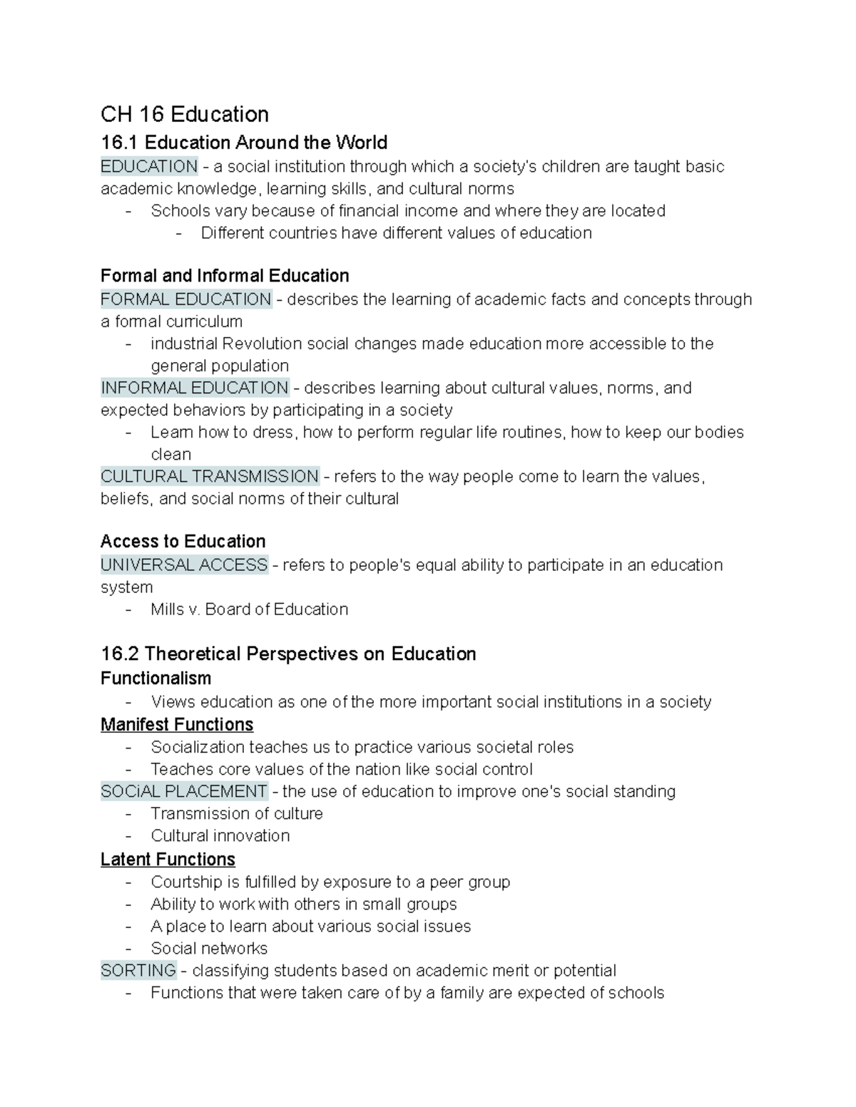 SOC Ch 16 - Reading Notes - CH 16 Education 16 Education Around the ...