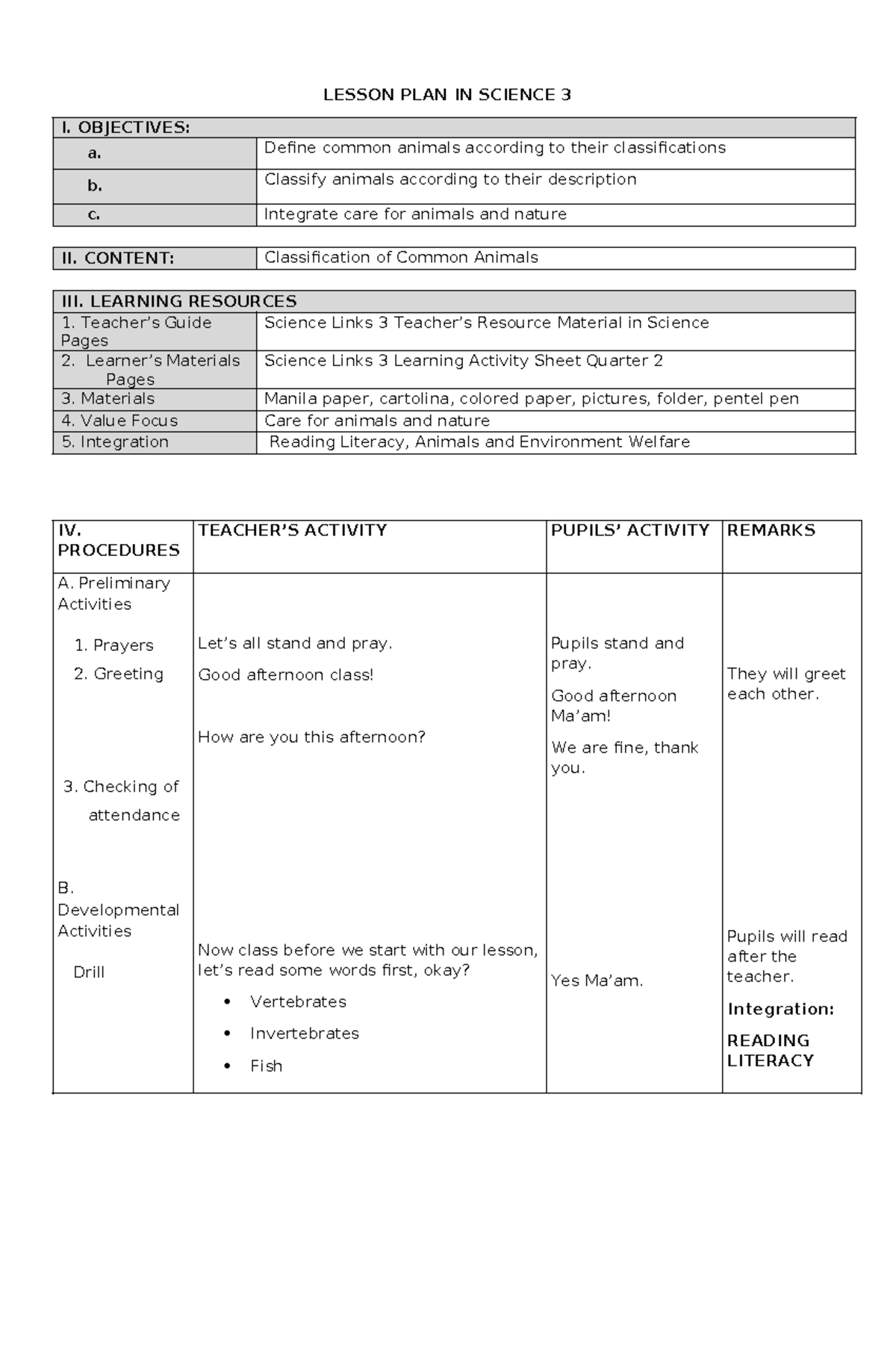 Lesson PLAN IN SCience 3 - LESSON PLAN IN SCIENCE 3 I. OBJECTIVES: a ...