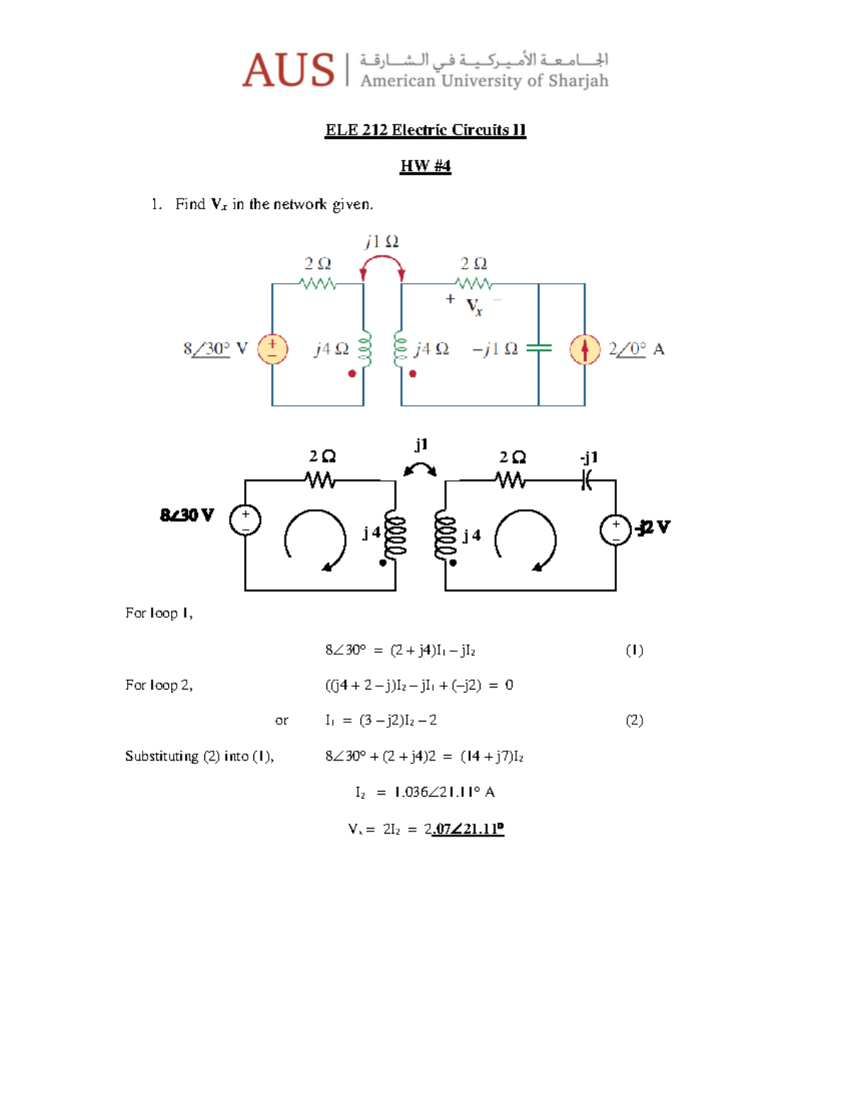 home work assignment 4 - ELE 212 Electric Circuits II HW # Find V x in ...