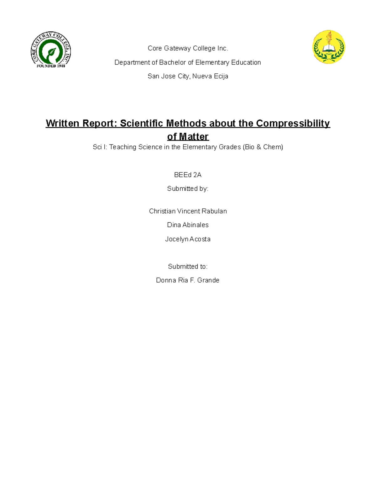 Written report in science - Core Gateway College Inc. Department of ...