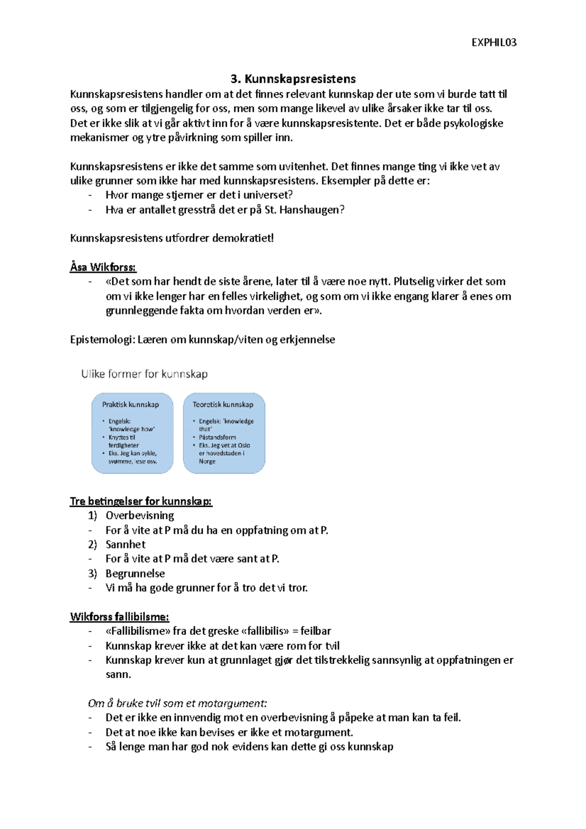 4. Kunnskapsresistens exphil forelesningsnotater - EXPHIL 3. Kunnskapsresistens ...