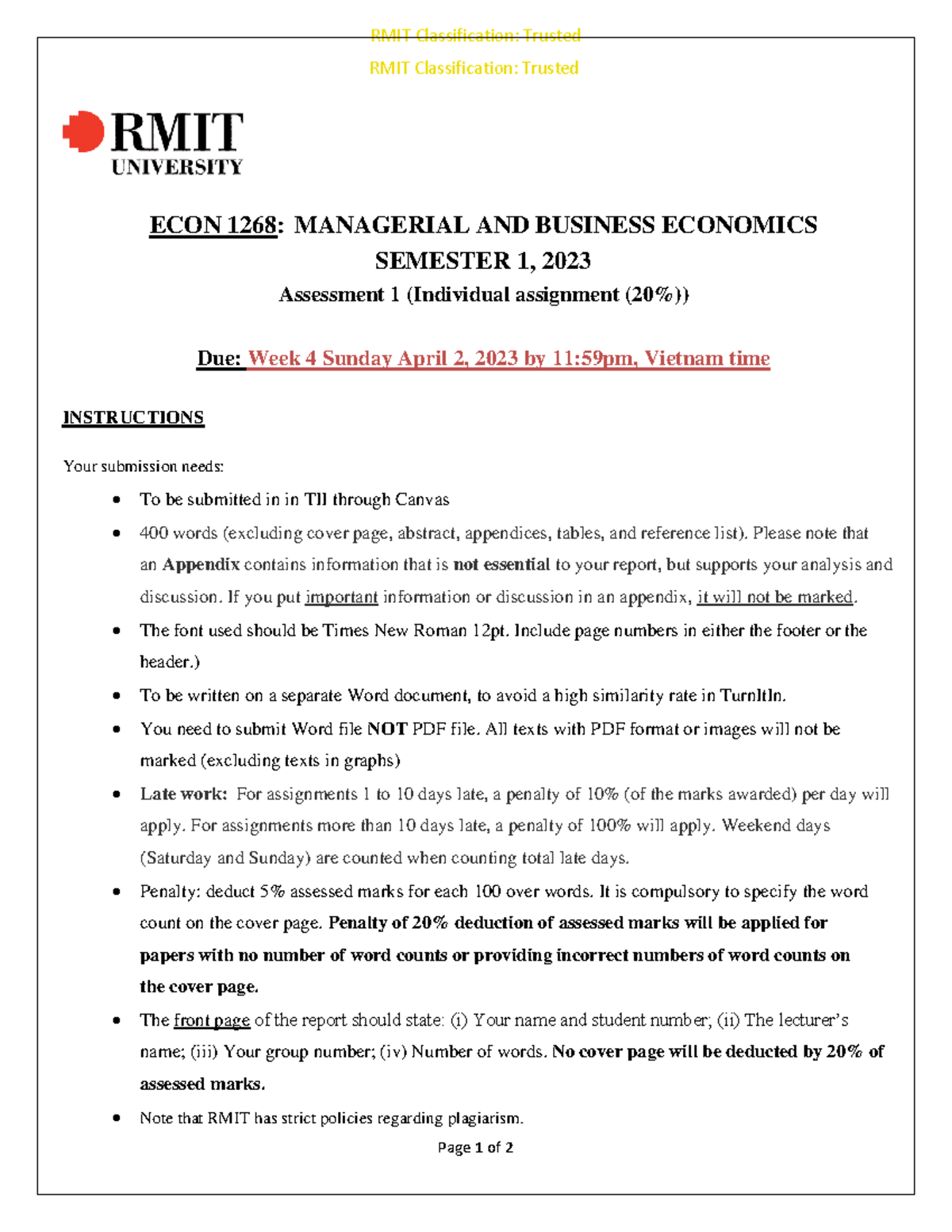 Assessment 1 S1 2023-1 - RMIT Classification: Trusted Page 1 of 2 RMIT Classification: Trusted ...