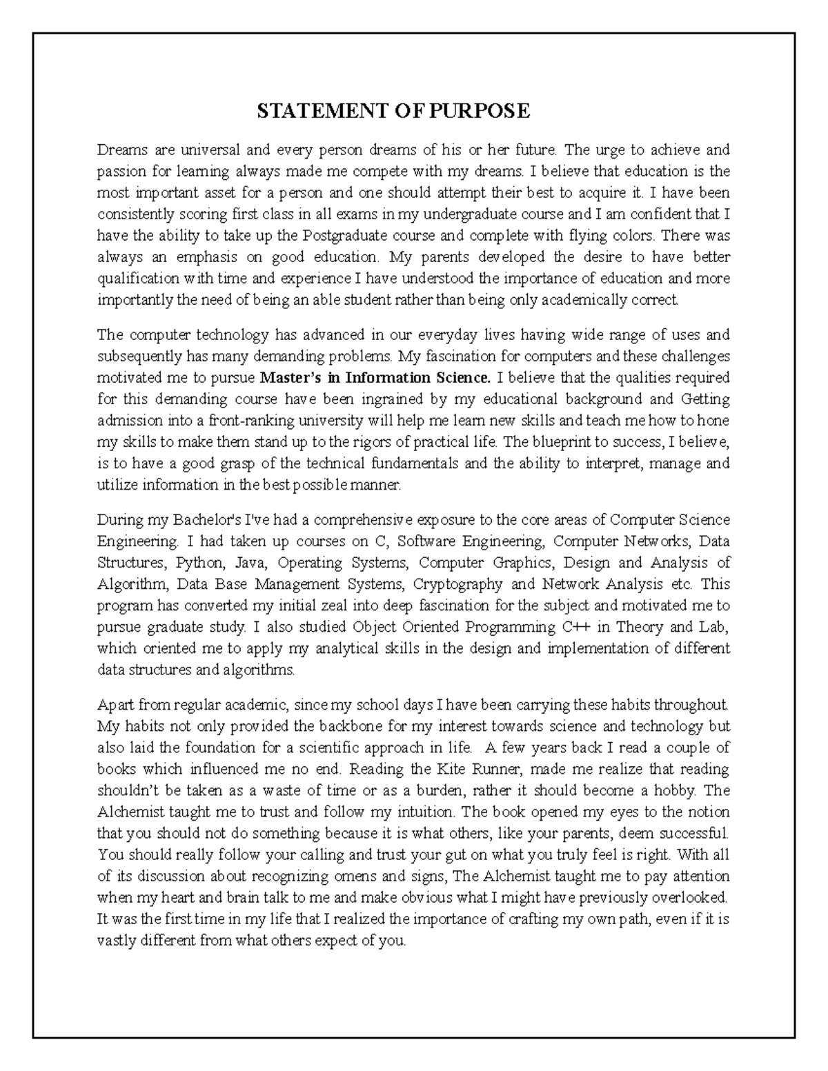 Statement OF Purpose - nthg - STATEMENT OF PURPOSE Dreams are universal ...