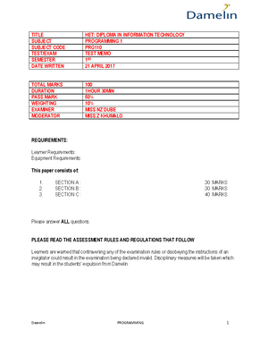 Information Systems 3B Exam Memo - Diploma: Information Technology ...