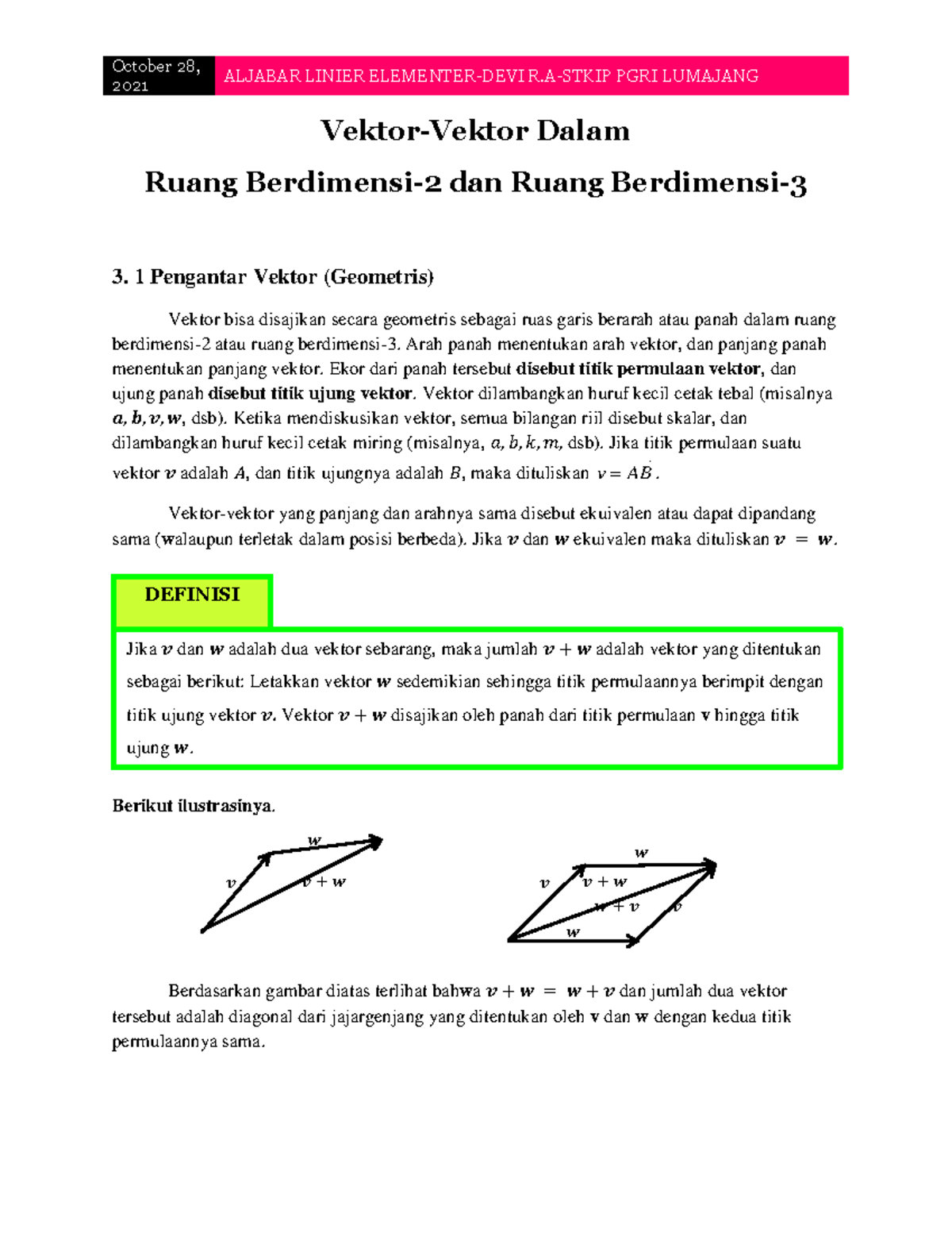 (2) Vektor R2 dan R3 - materi - 2021 ALJABAR LINIER ELEMENTER-DEVI R-STKIP PGRI LUMAJANG - Studocu