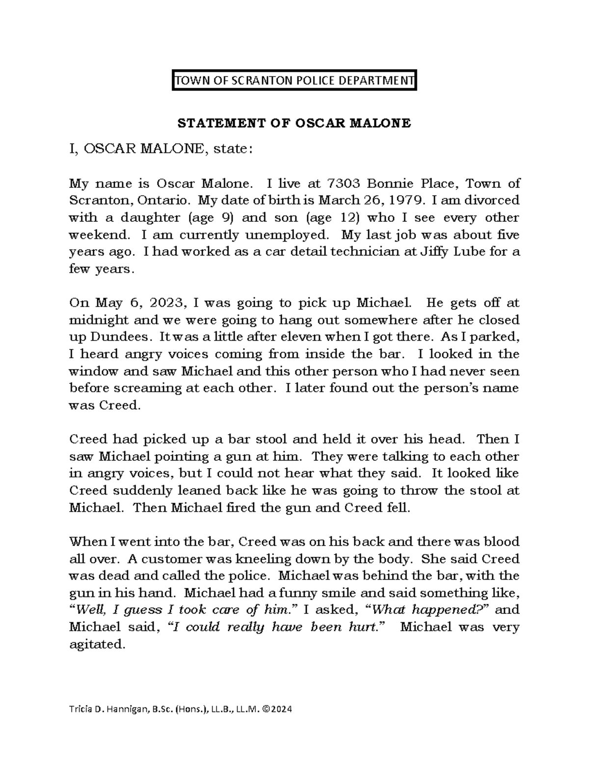 Statement OF Oscar Malone - Tricia D. Hannigan, B. (Hons.), LL., LL ...