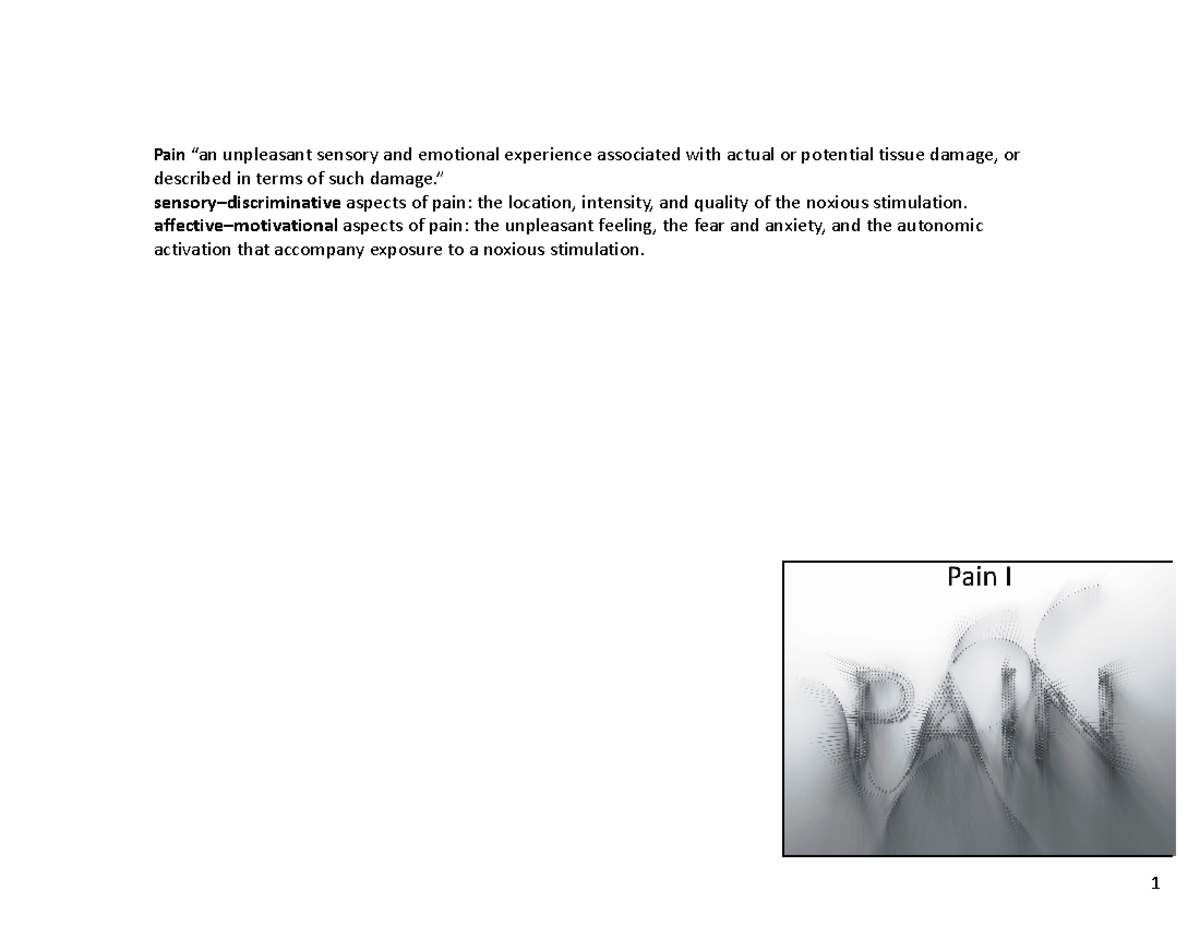 Pain I lecture notes - Pain - Studocu