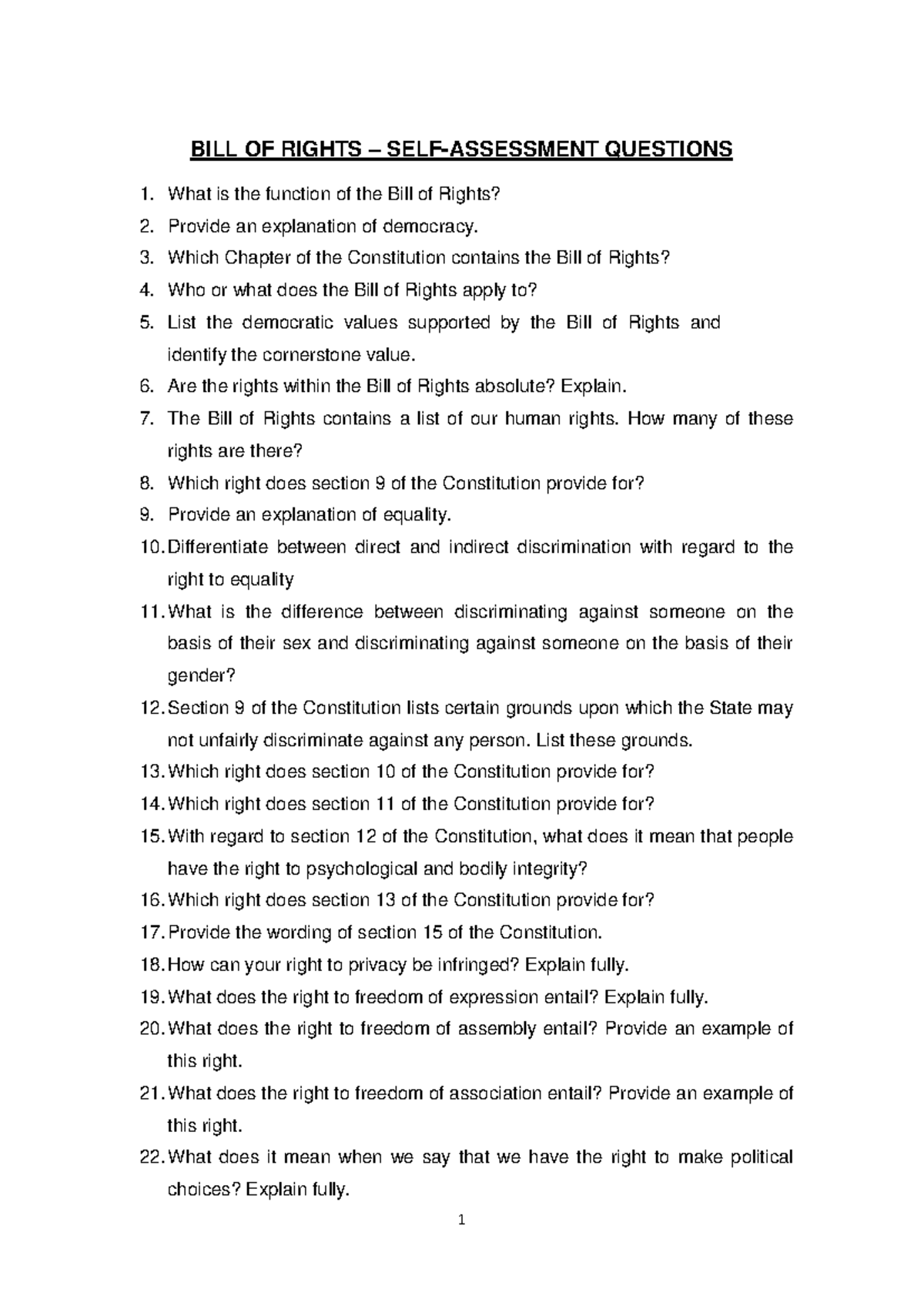 BILL OF Rights - SELF- Assessment Questions - 1 BILL OF RIGHTS – SELF ...