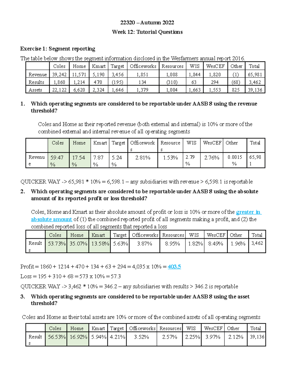 Tutorial Week 12 - 22320 – Autumn 2022 Week 12: Tutorial Questions Exercise 1: Segment reporting ...