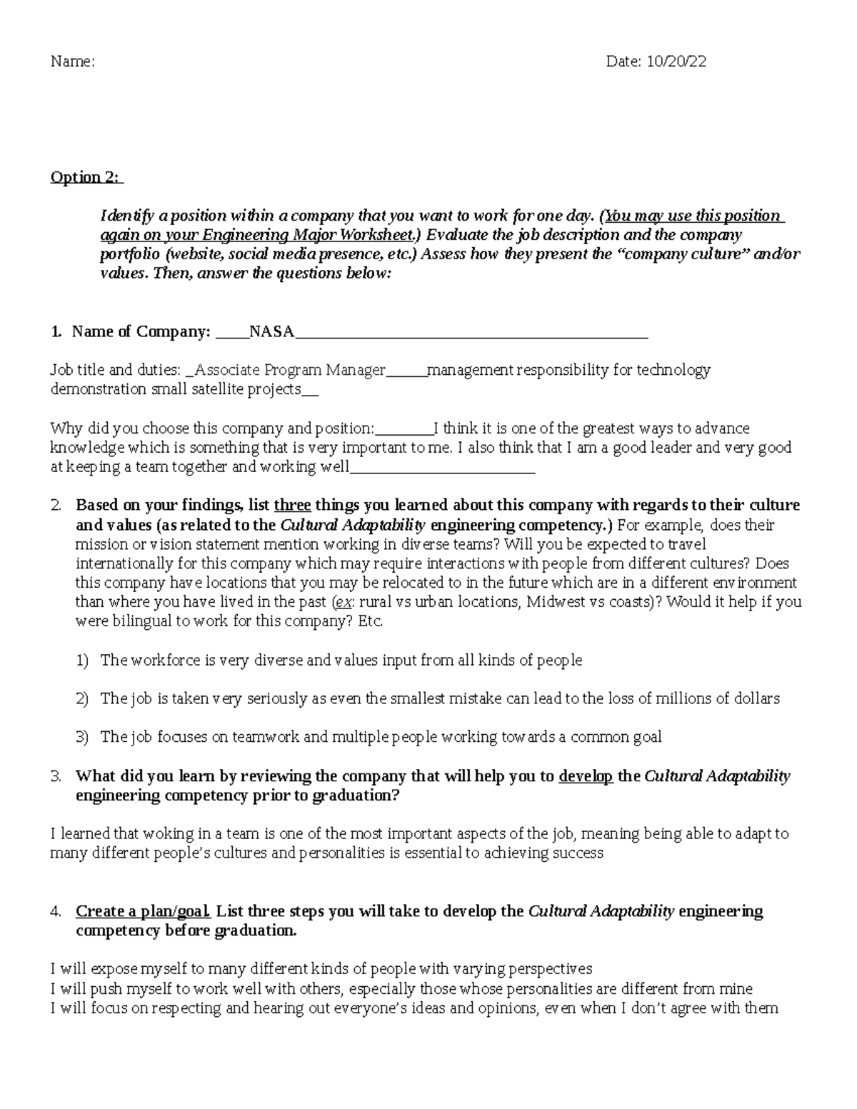 Cultural Adaptability Worksheet F22 - Name: Date: 10/20/ Option 2 ...